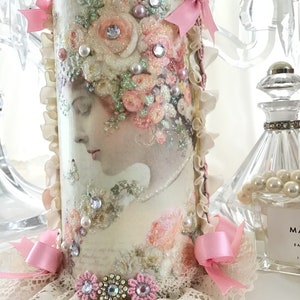 Shabby Pink Rose Flameless Candle, Decorated Wax Candle, Vintage Pink ...