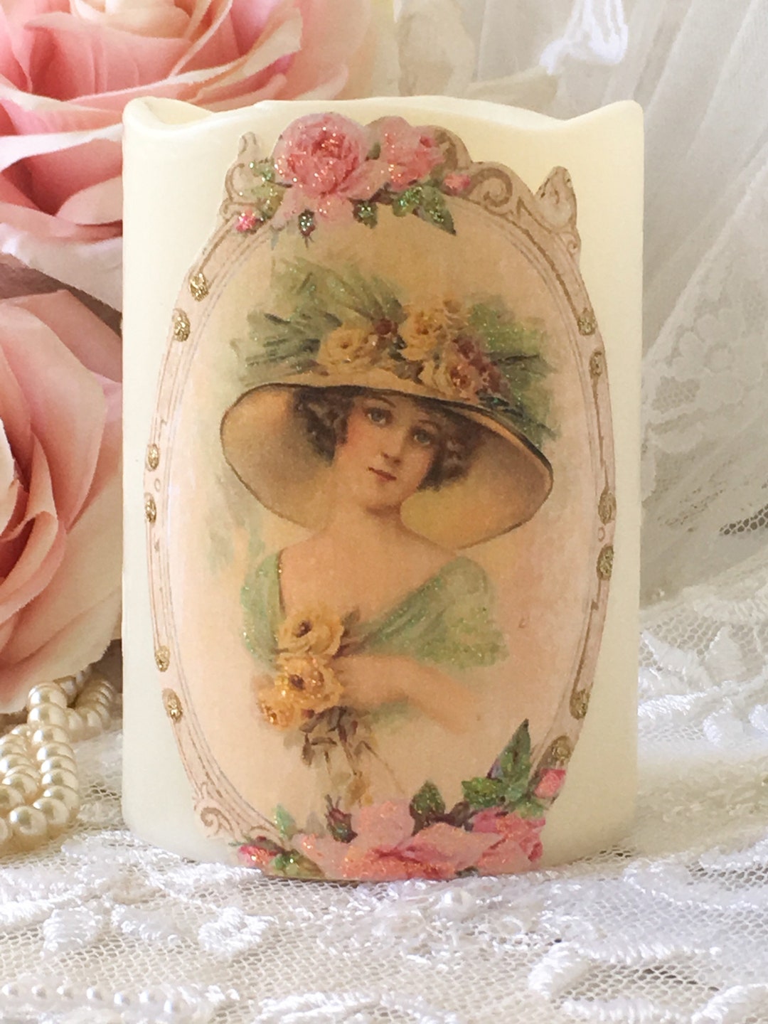 Victorian Lady Fashion Decor, Flameless Candle, Shabby Pink Roses, Wax ...