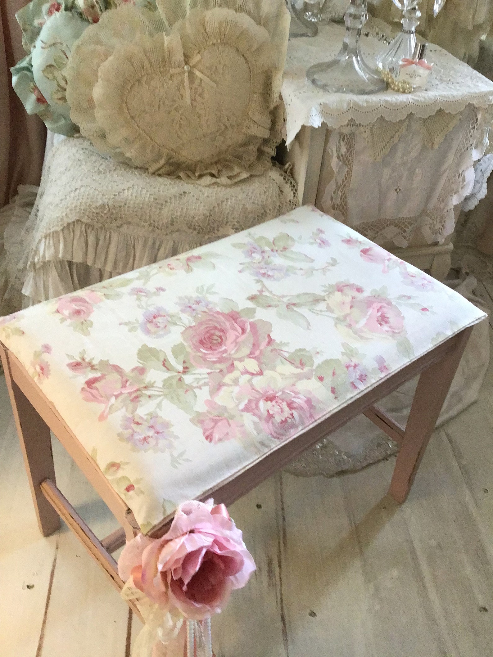 Shabby Pink Bench, Floral Vanity Bench, Vintage Piano Bench, Chippy ...
