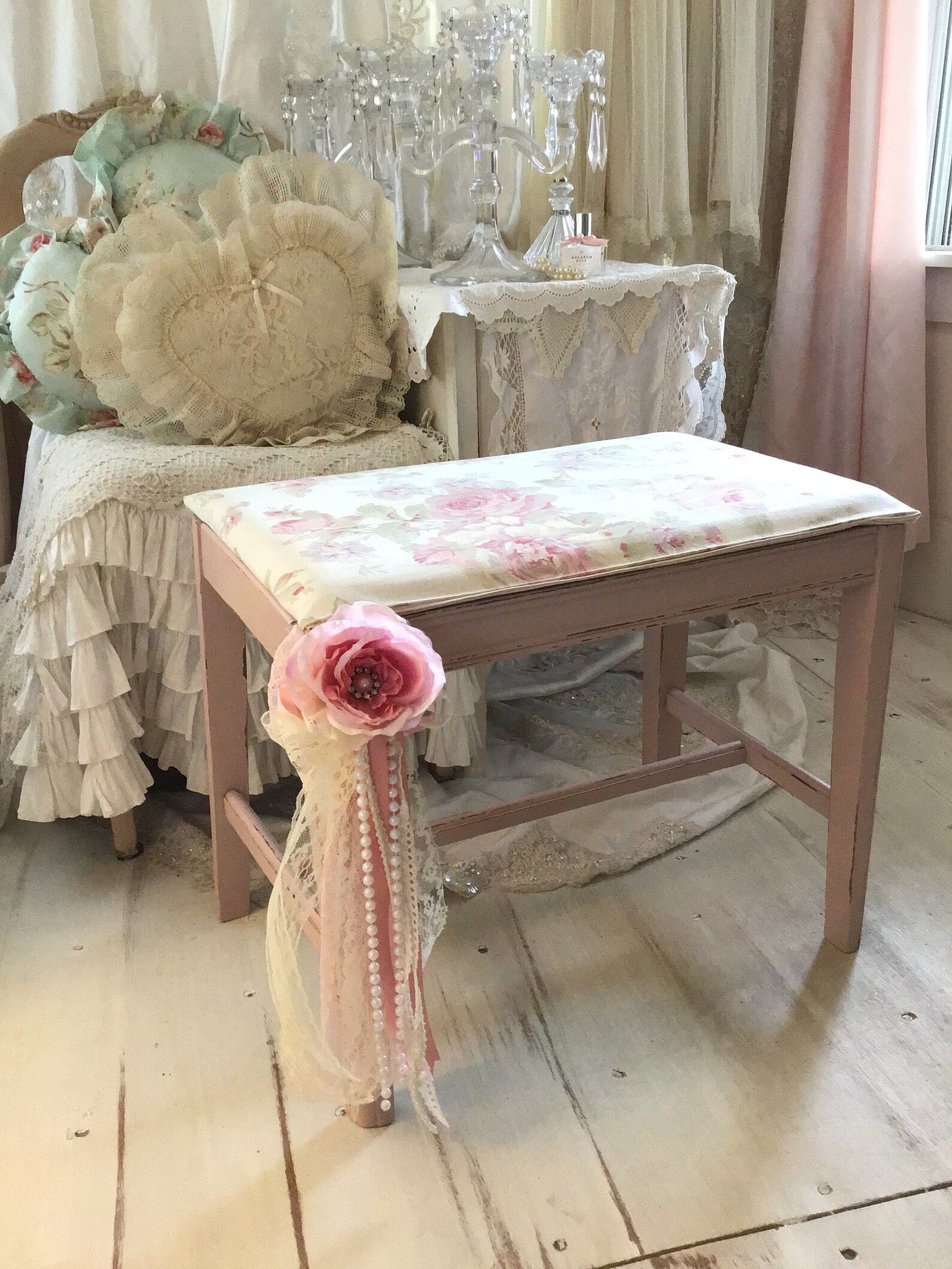 Shabby Pink Bench, Floral Vanity Bench, Vintage Piano Bench, Chippy ...