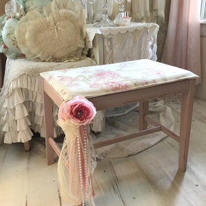 Shabby Pink Bench, Floral Vanity Bench, Vintage Piano Bench, Chippy ...