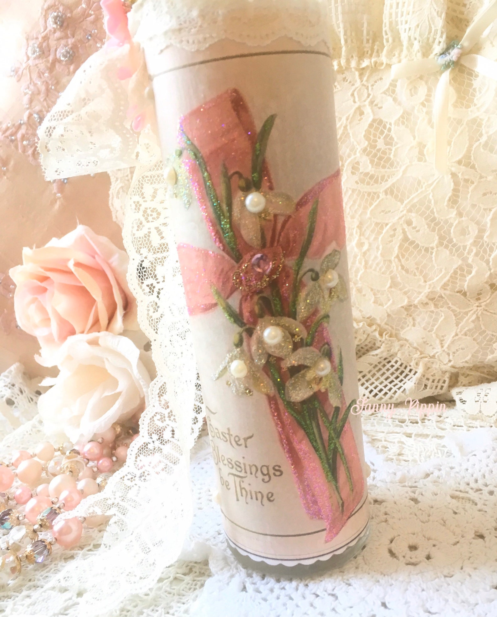 Religious Easter Candle Shabby Pink Cross Victorian Easter - Etsy