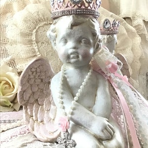 Shabby Cherub Statue, Pink Crowned Sitting Cherub, Rhinestone Angel ...