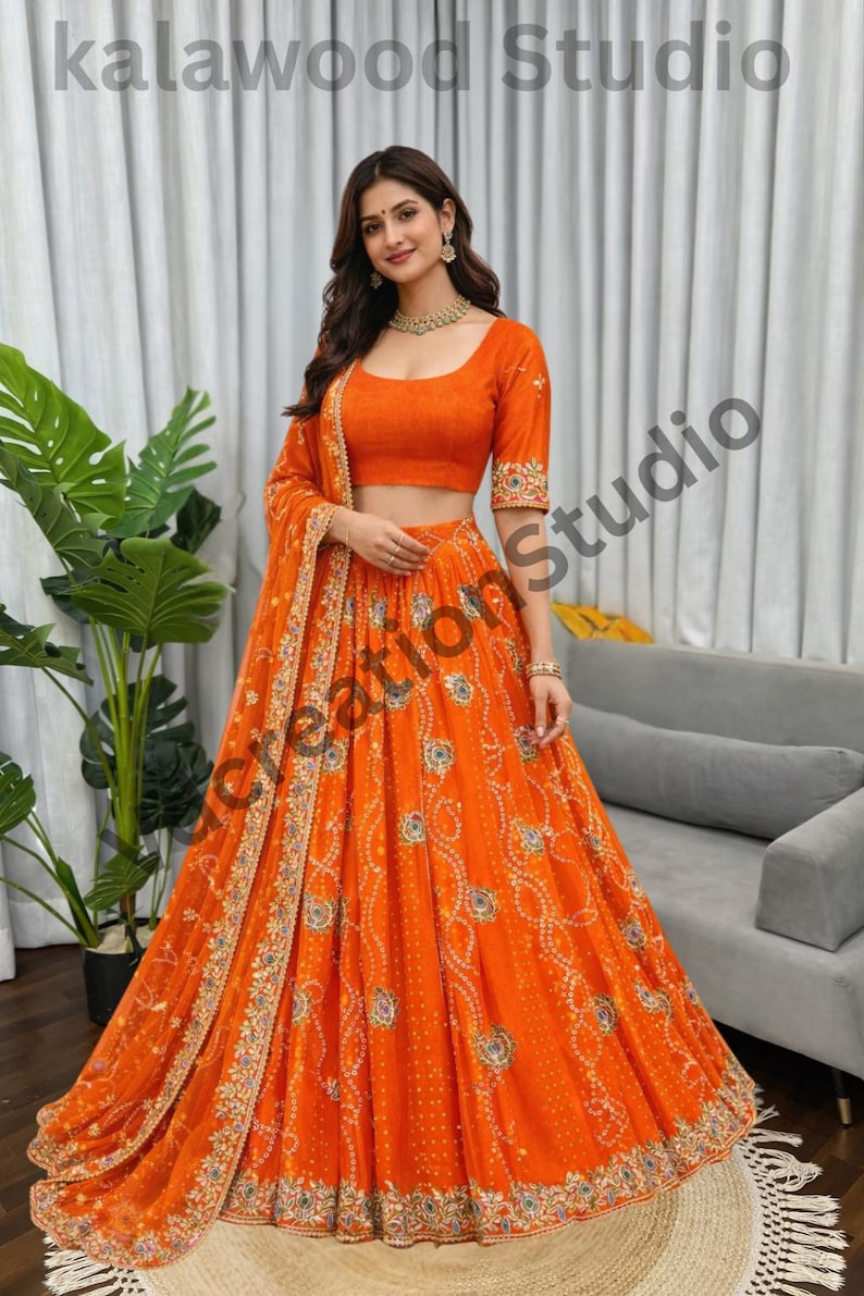 Orange Georgette Digital Print Lehenga Choli Set With Gotta Patti Work ...
