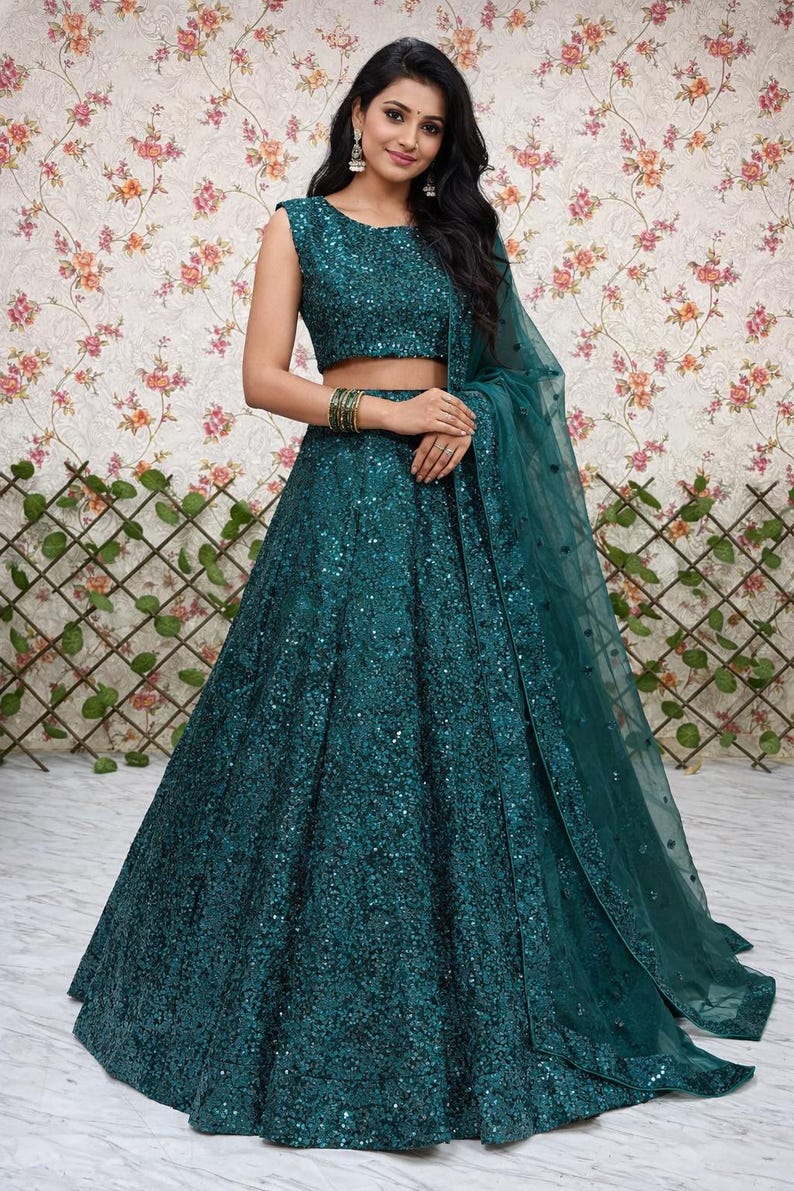 Teal Color Tapeta Satin Silk Lehenga With Sequins Work and Dupatta ...