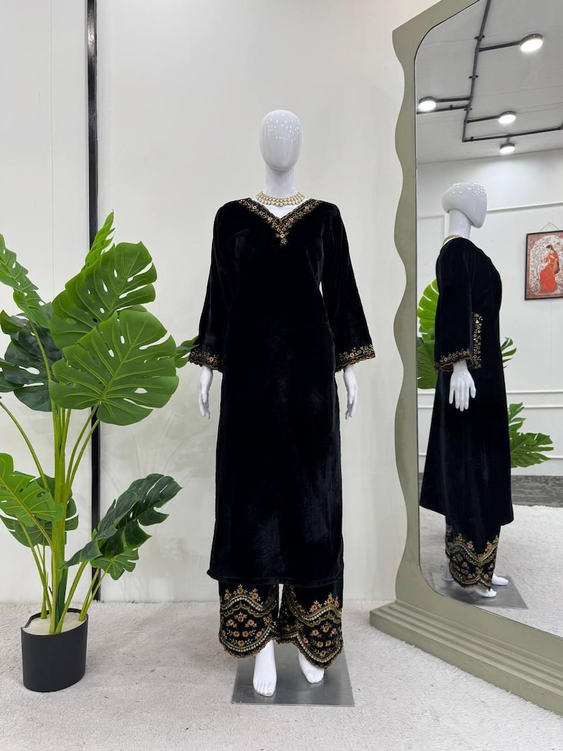 Black Color Viscose Velvet Kurta Pant Set With Thread Sequence Work ...