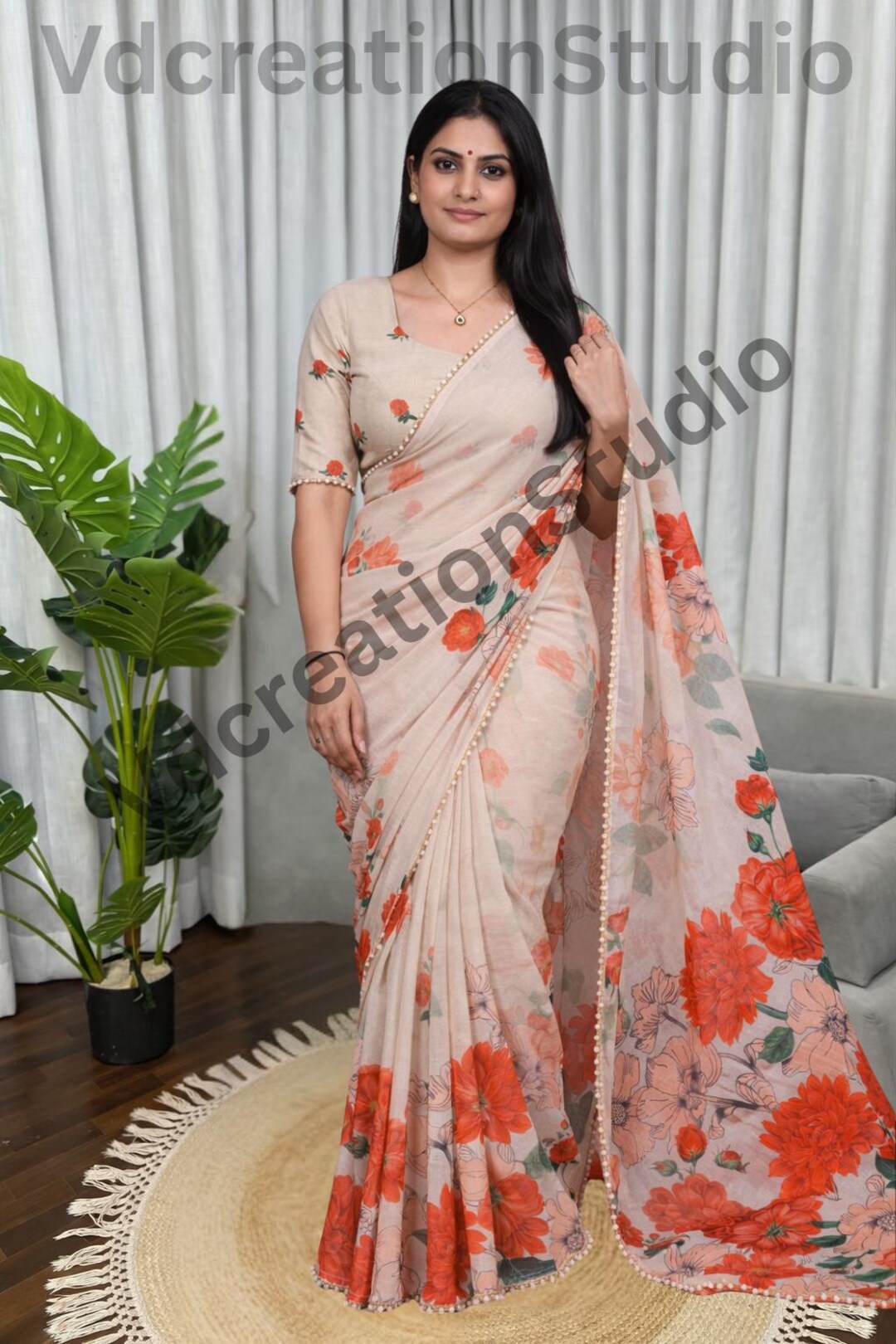 Pich Color Weightless Marble With Designer Hand Print Saree and Blouse ...