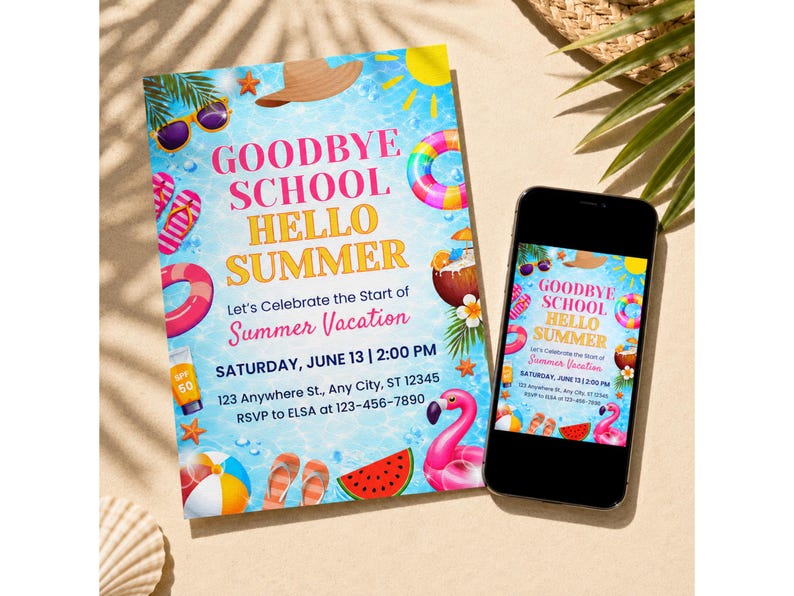Editable Pool Party Invitation, Goodbye School Hello Summer Canva ...