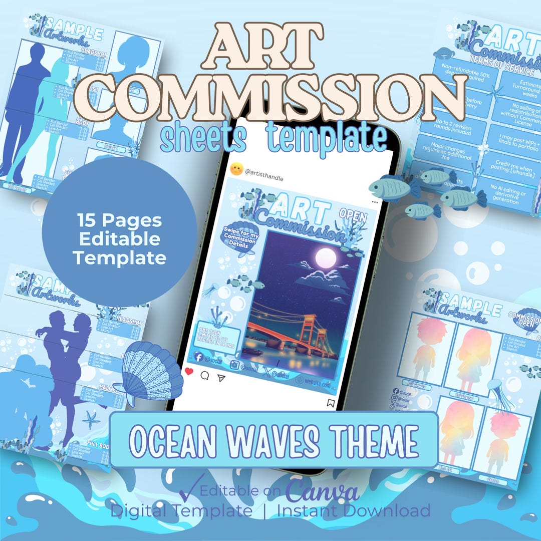 Ocean Waves Themed Customizable Art Commission Sheet Instagram Template ...