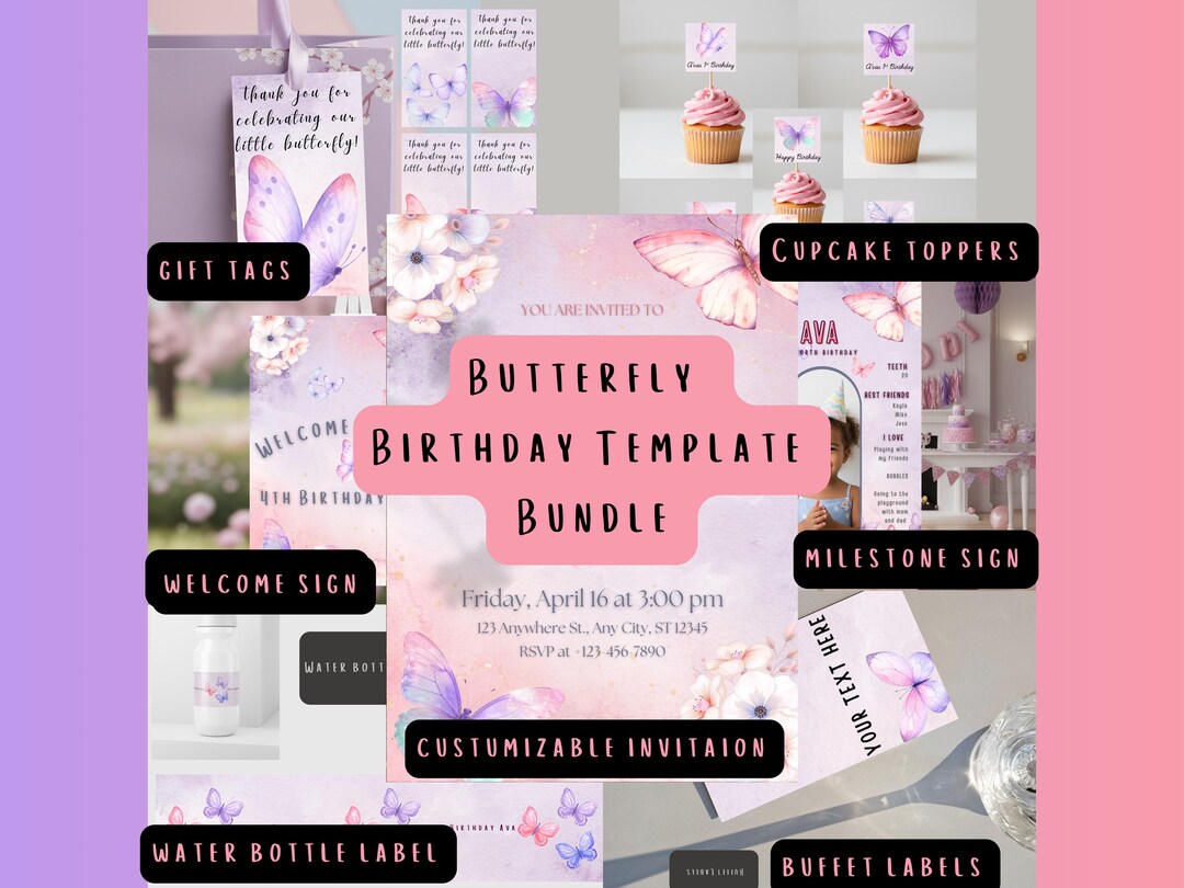 Pastel Butterfly Birthday Bundle | Editable Party Template | Digital ...