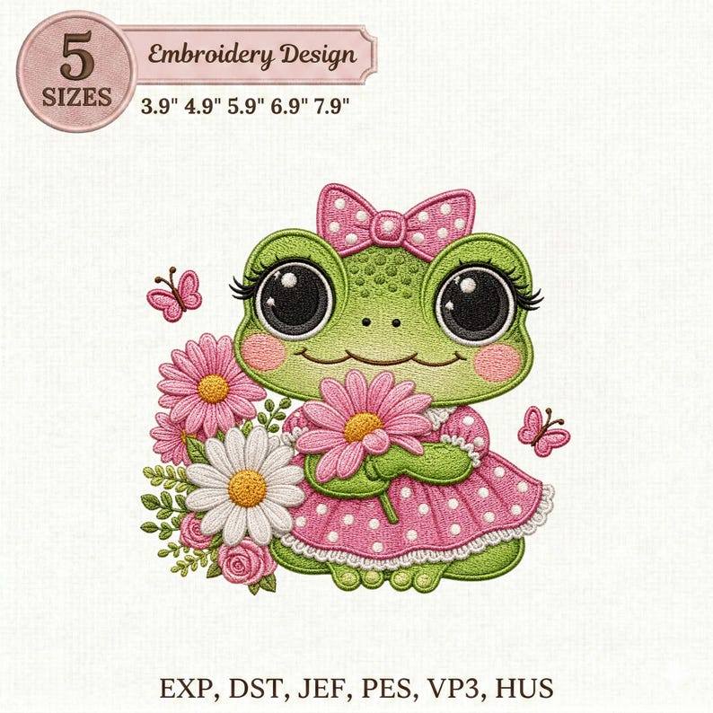 Frog Embroidery Design, Kawaii With Flowers, Girly Machine Embroidery ...