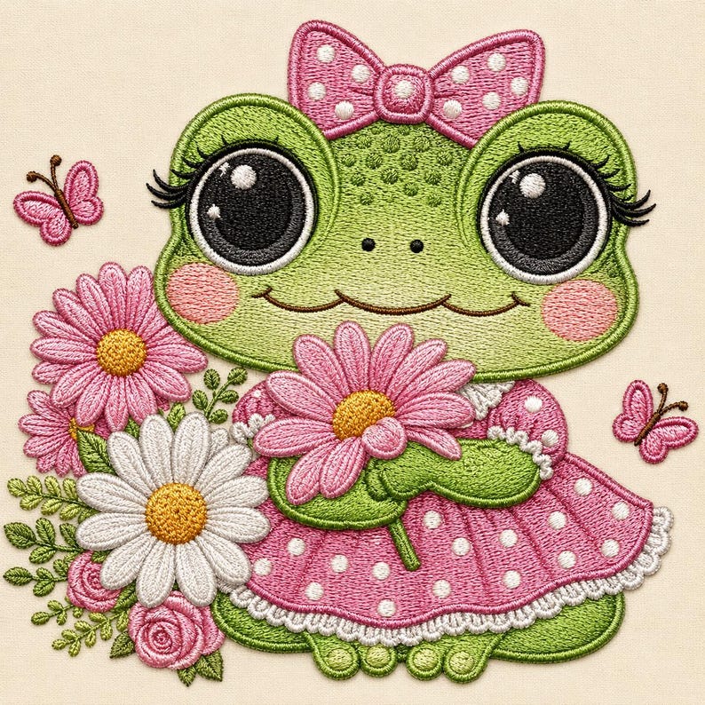 Frog Embroidery Design, Kawaii With Flowers, Girly Machine Embroidery ...