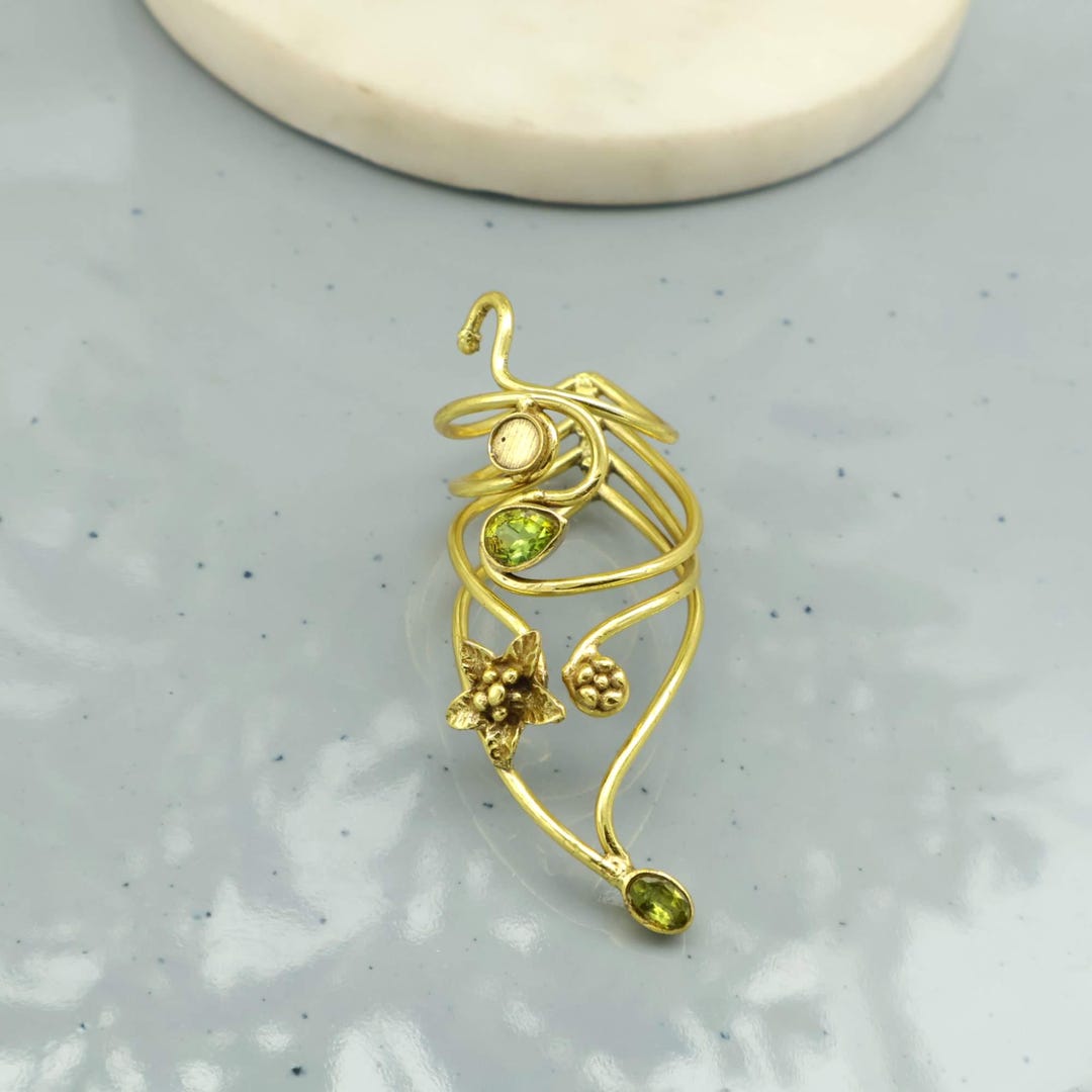 Brass Floral Sweep Full Finger Ring With Peridot-colored Accents - Etsy