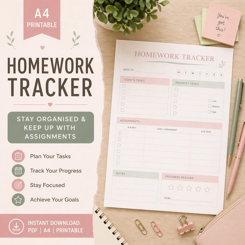 Printable Homework Tracker | Student Planner PDF | Assignment Tracker ...