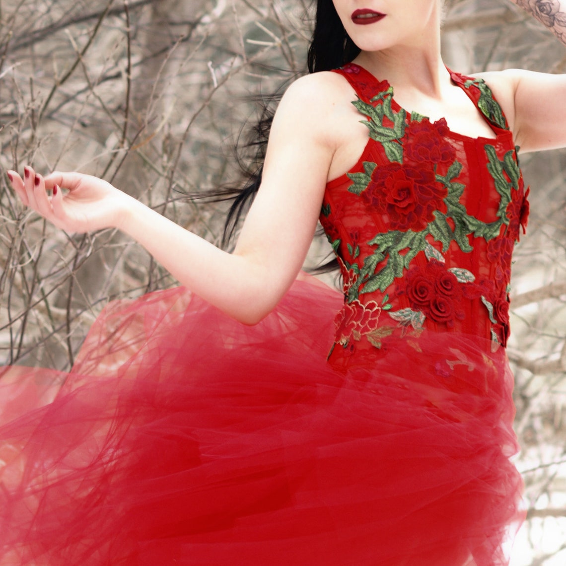 WILD ROSE Corset Red Floral Embroidered Lace Made to Order - Etsy