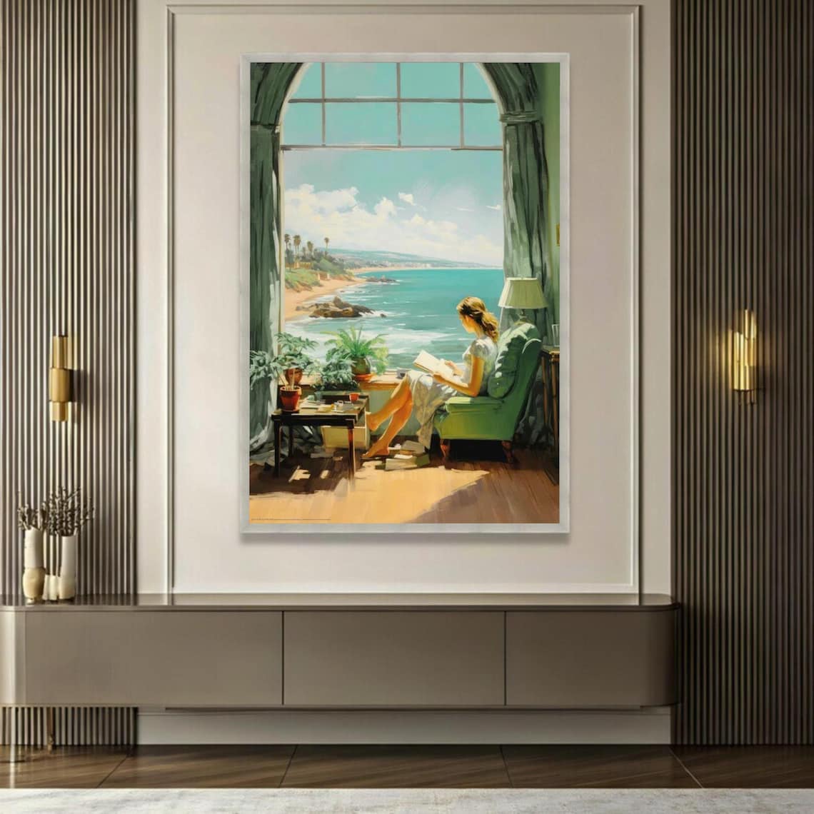 Coastal Reading Canvas Print, Sea View Window, Relaxing Home Decor ...