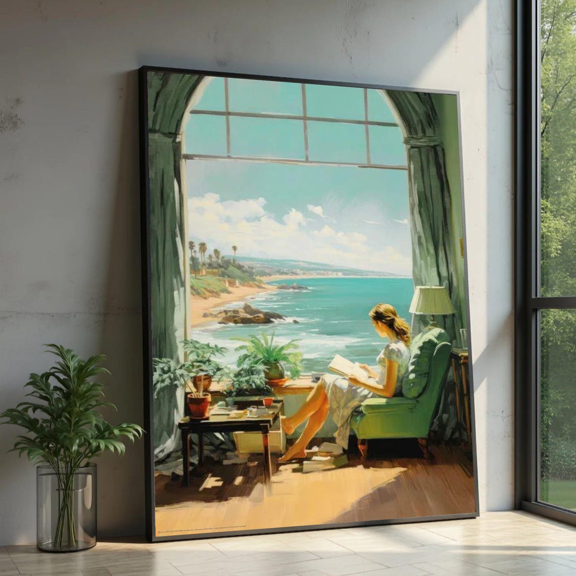 Coastal Reading Canvas Print, Sea View Window, Relaxing Home Decor ...