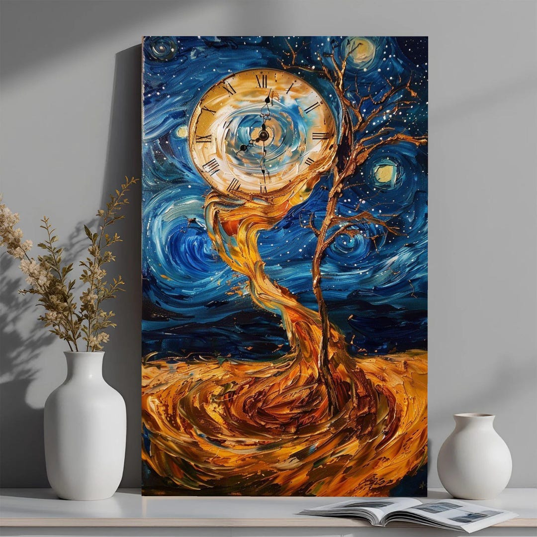 Surreal Time Swirl, Abstract Clock Canvas, Starry Night Tree Art ...