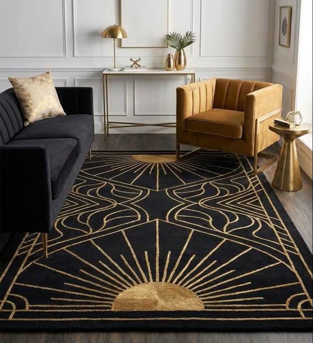 Art Deco Black & Gold Rug – Geometric Sunburst Glam Carpet - Etsy
