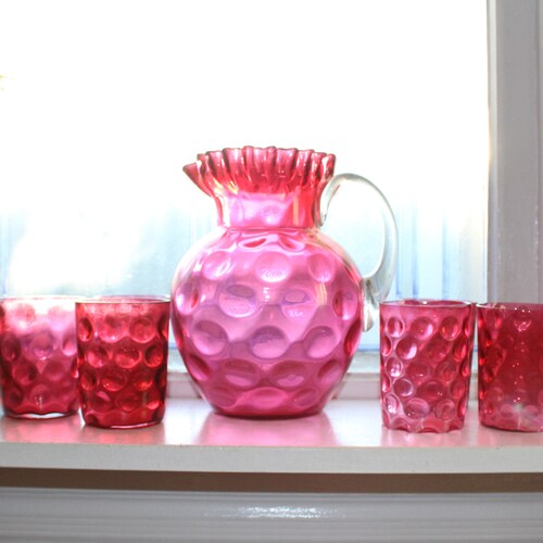 Vintage Cranberry Thumbprint Glass Pitcher and Tumbler Set - Etsy