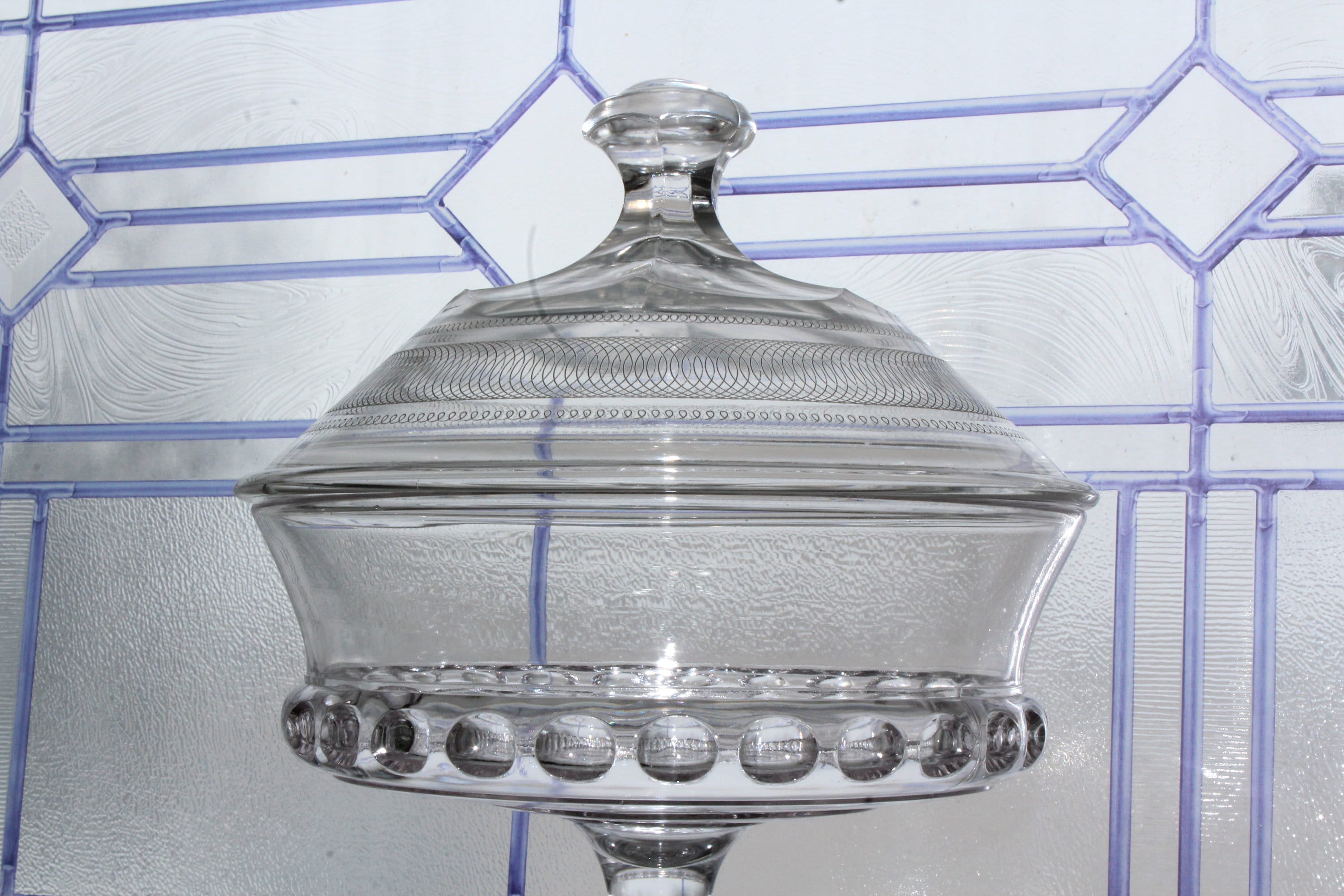 EAPG Etched Glass Compote with Lid Antique Early 1900s