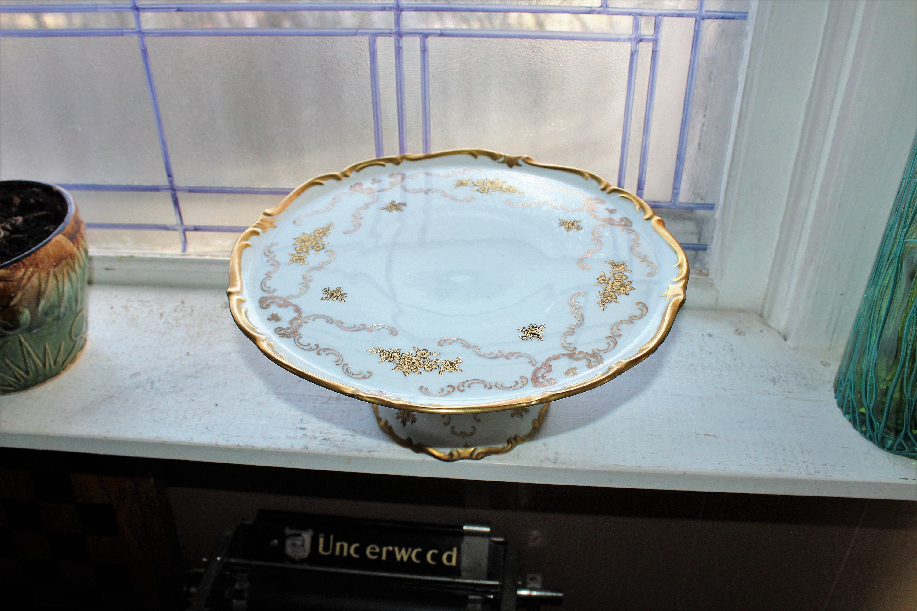 Vintage Reichenbach Germany Porcelain Cake Stand White with Gold Trim