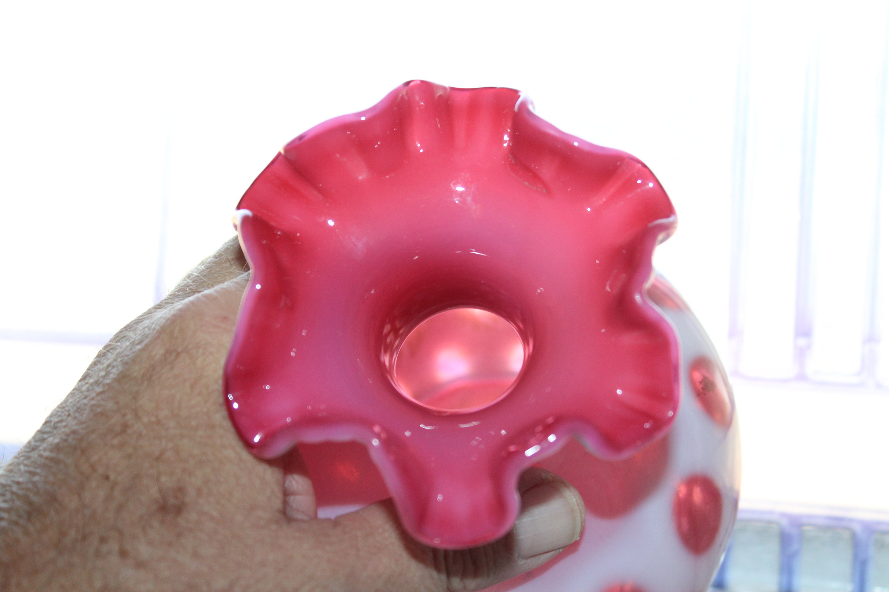 Fenton Cranberry Glass Coin Dot Vase Ruffled Rim