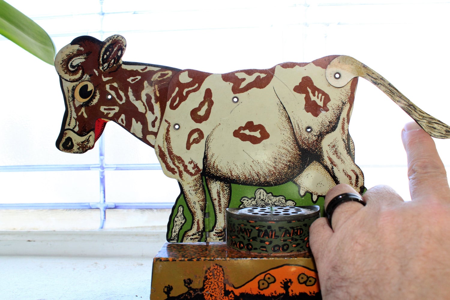 Antique Tin Toy Cow Pull My Tail and I Moo Mechanical Toy