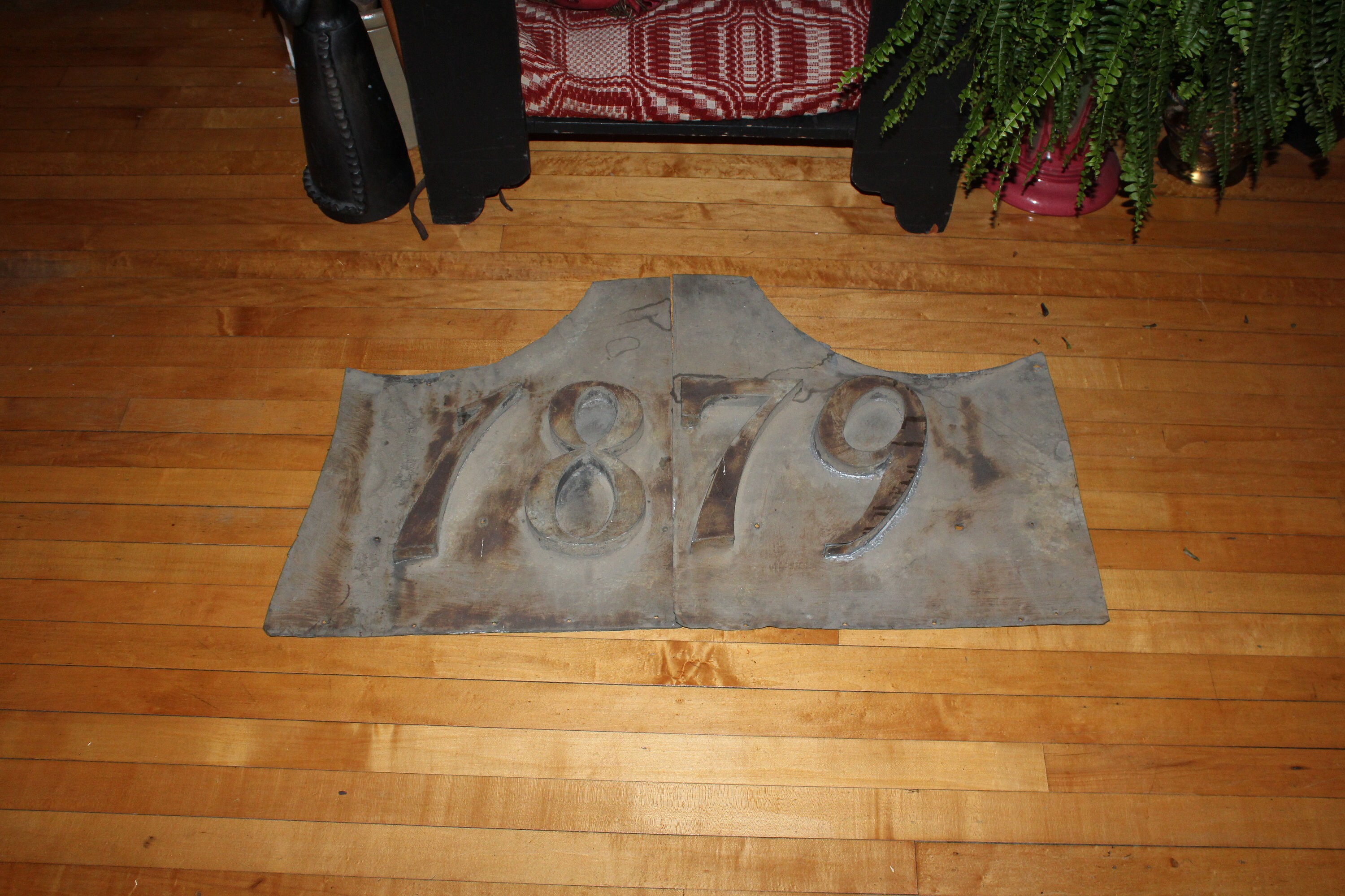 Antique Architectural Salvage Large Building Tin Sign 1879