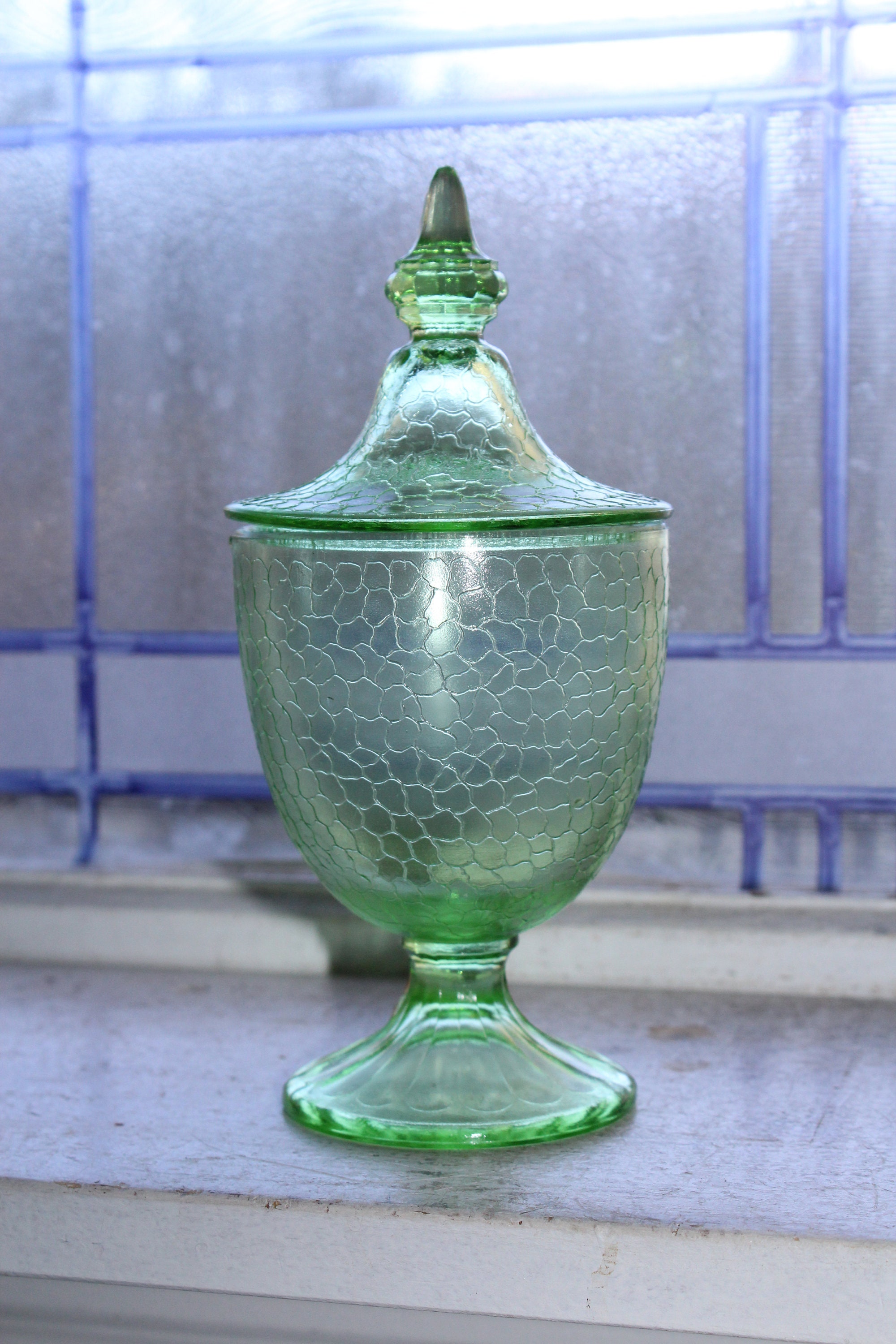 Green Depression Glass Candy Dish With Cover Vintage Cracky Crackle