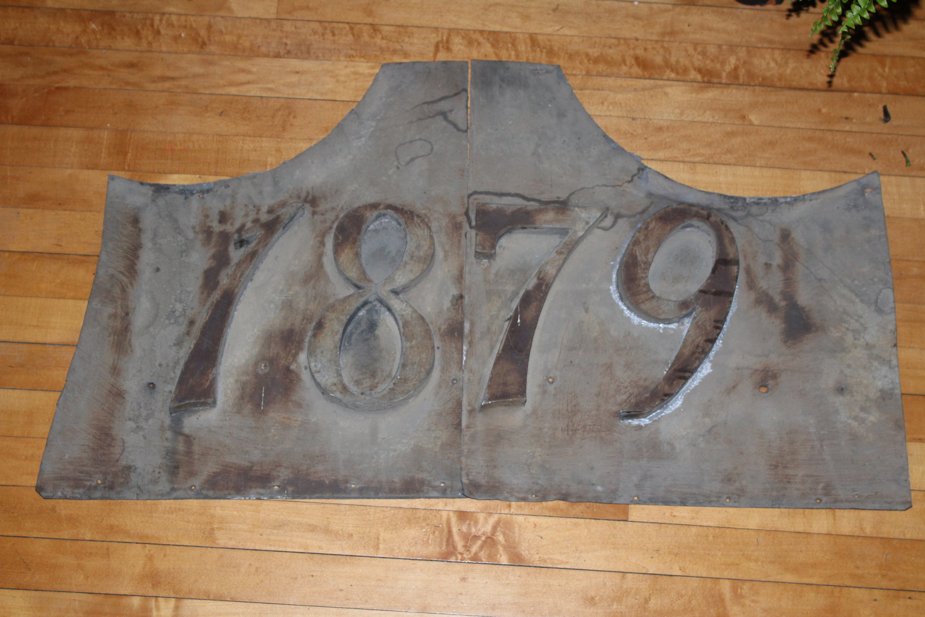 Antique Architectural Salvage Large Building Tin Sign 1879