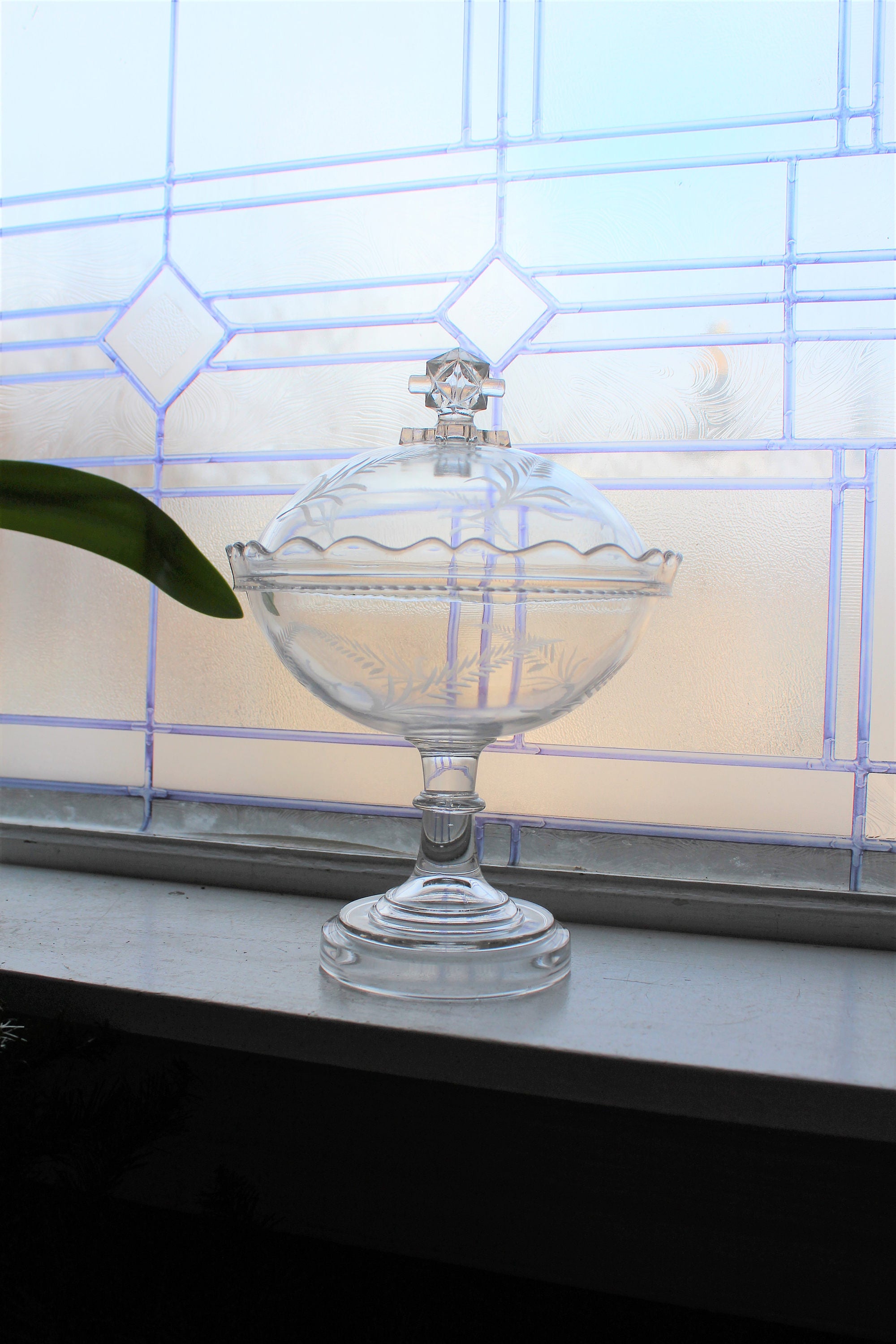 EAPG Etched Glass Compote with Lid Antique Early 1900s