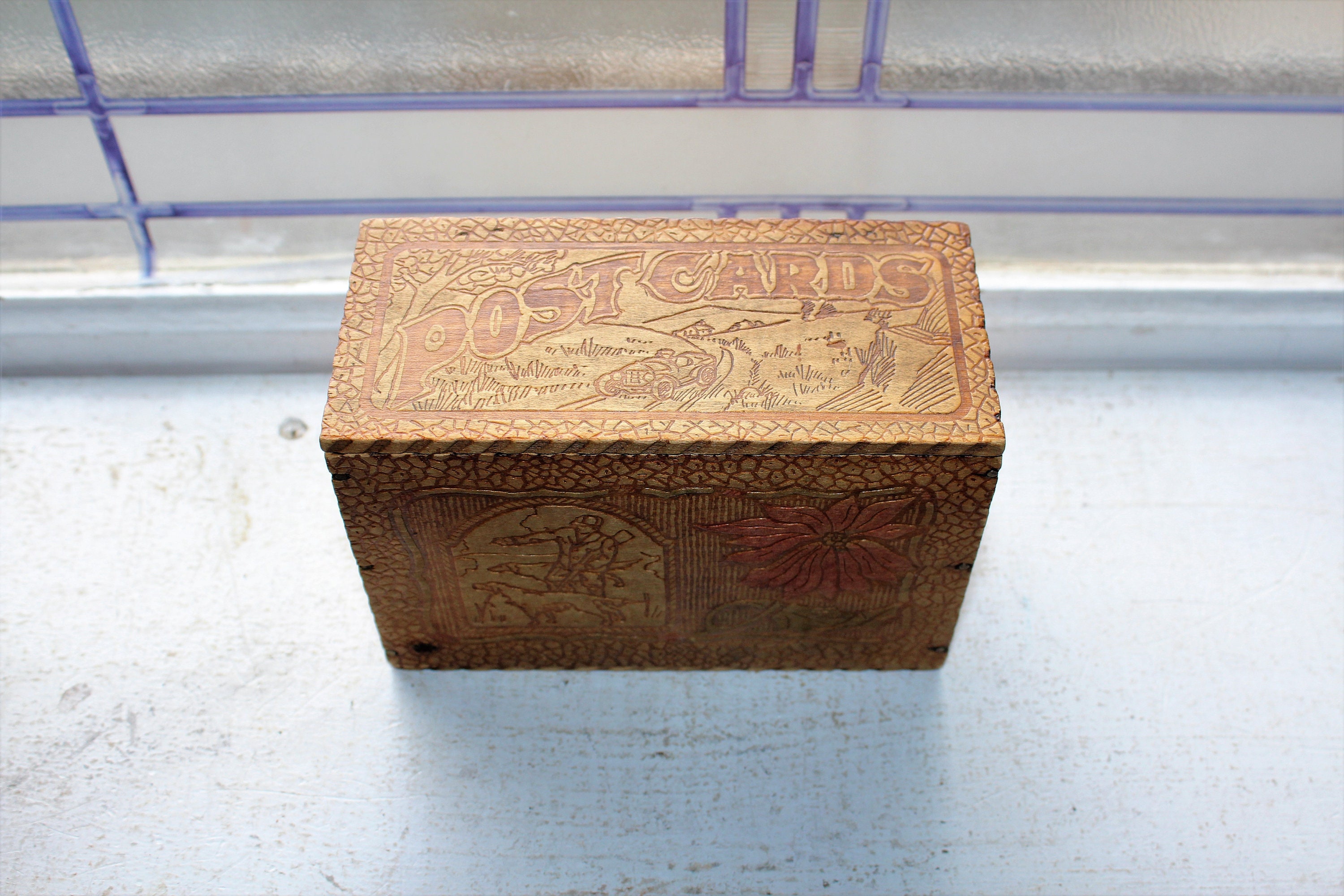 Antique Post Card Box Pyrography Flemish Art Burnt Wood 1910s