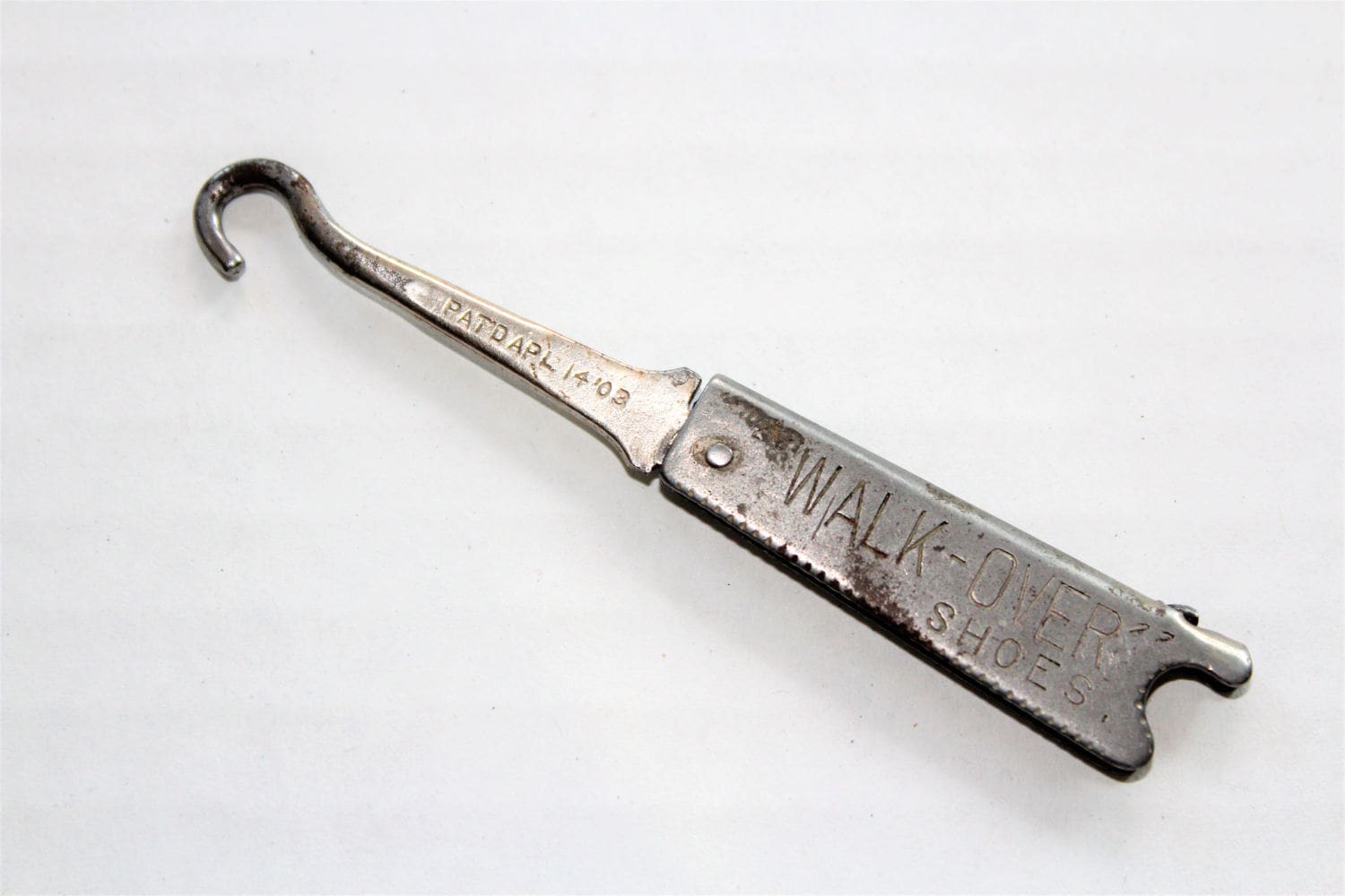 Antique Folding Button Hook Advertising Walk Over Shoes Kearney Neb