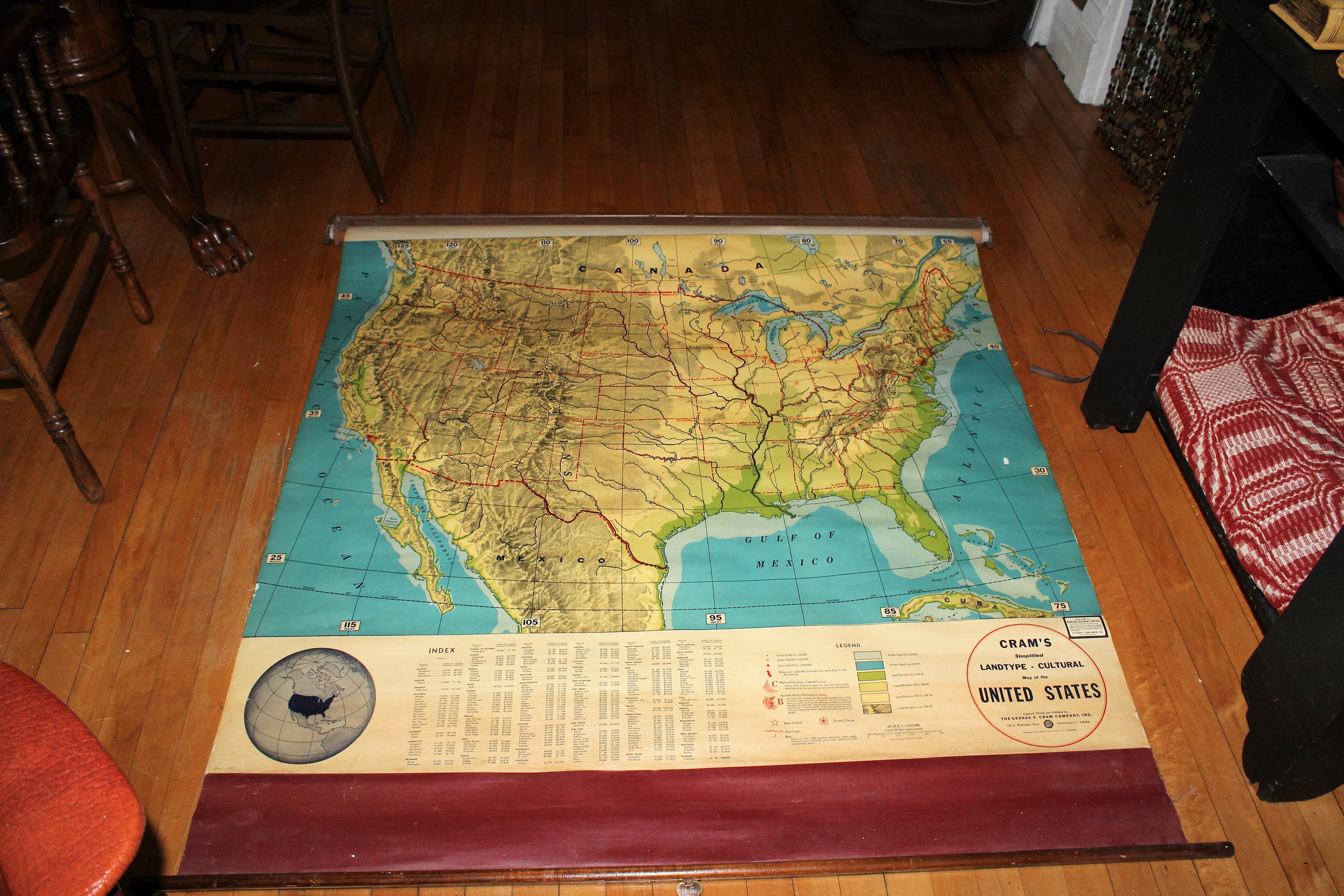 Large Vintage Wall Map Cram's USA Pull Down Roll Up