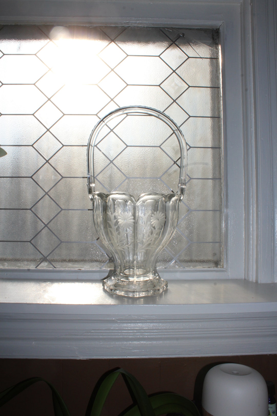 Vintage 15" Heisey Glass Colonial Basket With Cut Flowers Design - Etsy