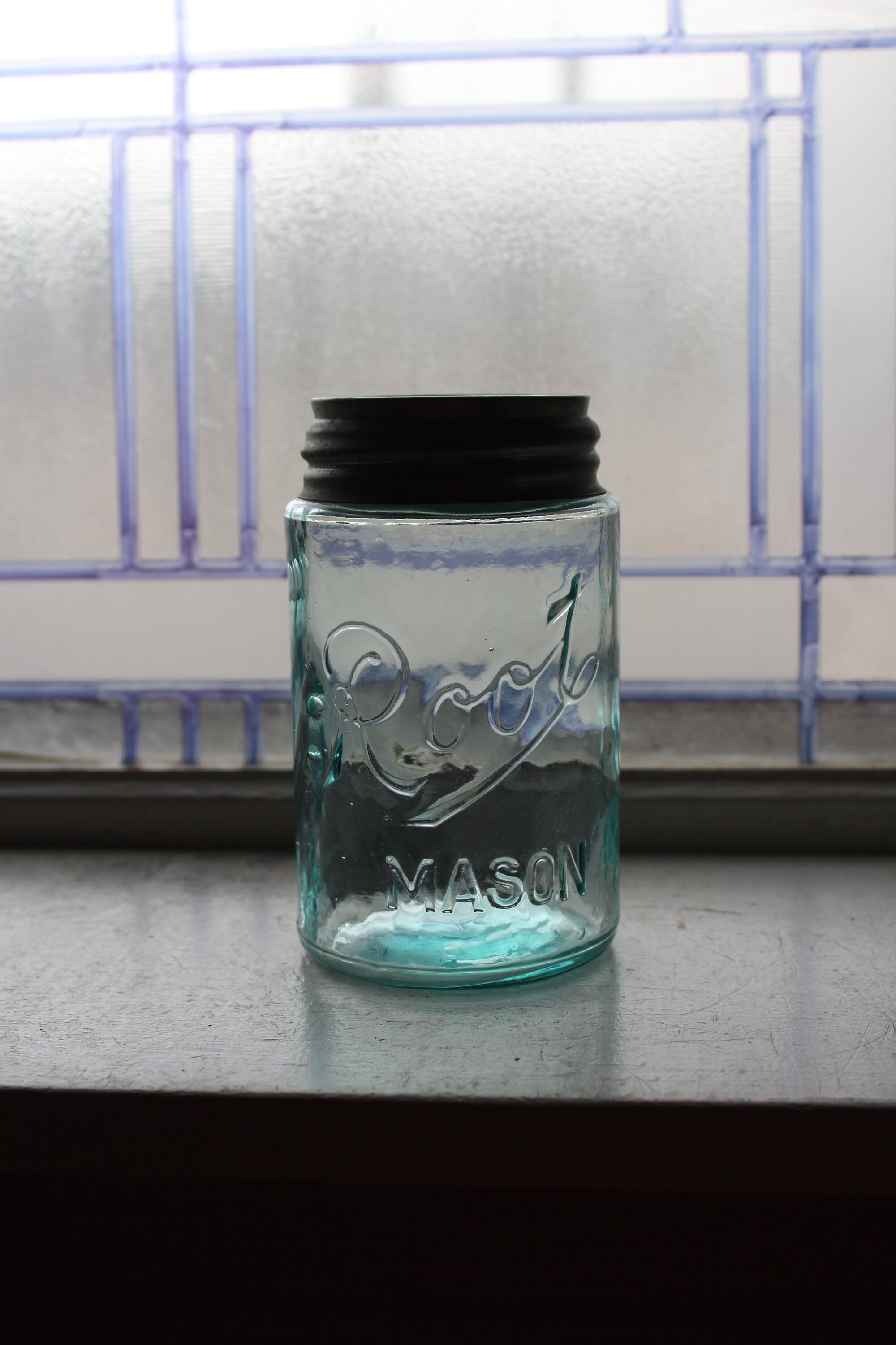Antique Blue Root Mason Jar Pint with Zinc Lid 1900s