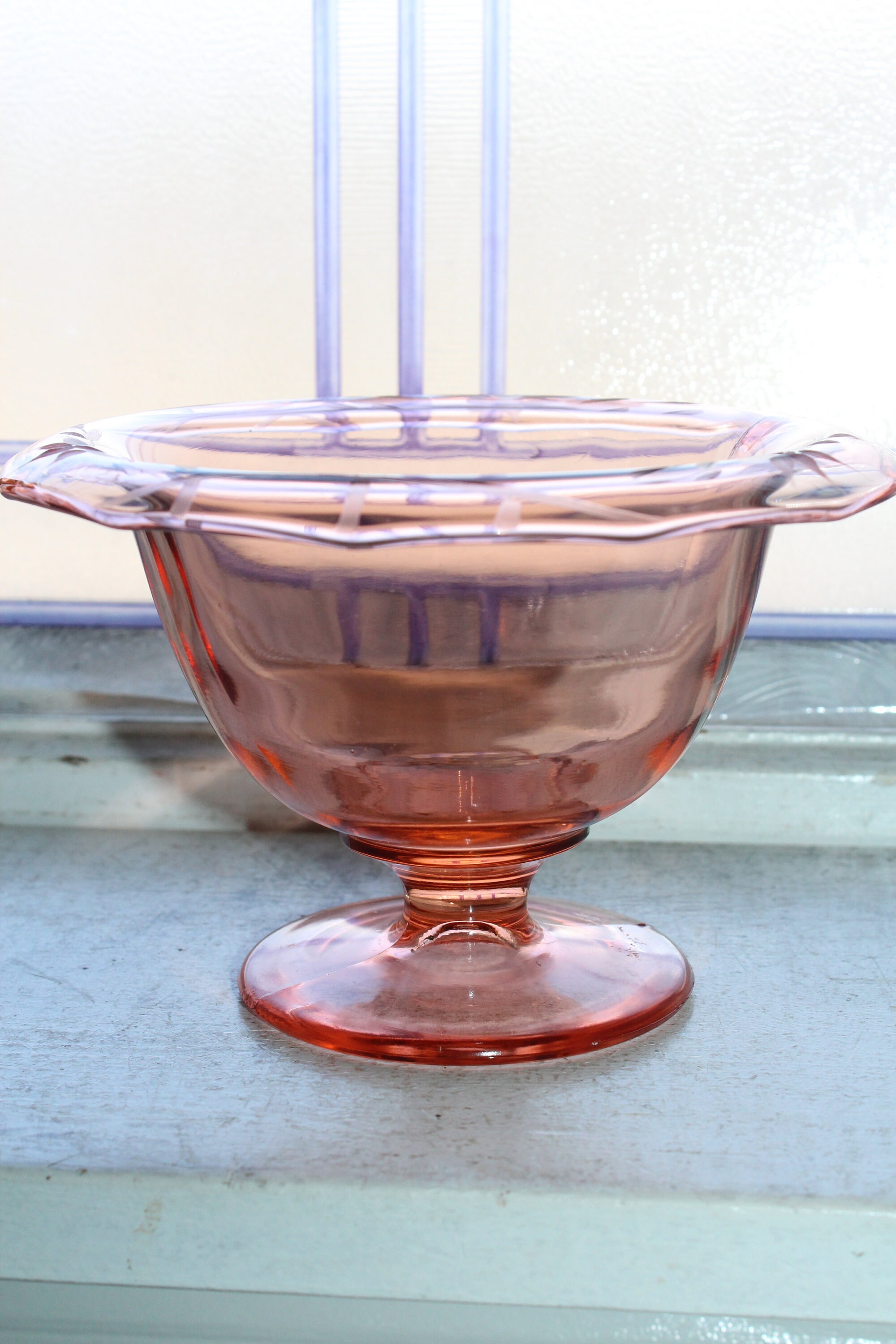 Vintage Pink Depression Glass Compote Pedestal Candy Dish Rolled Rim