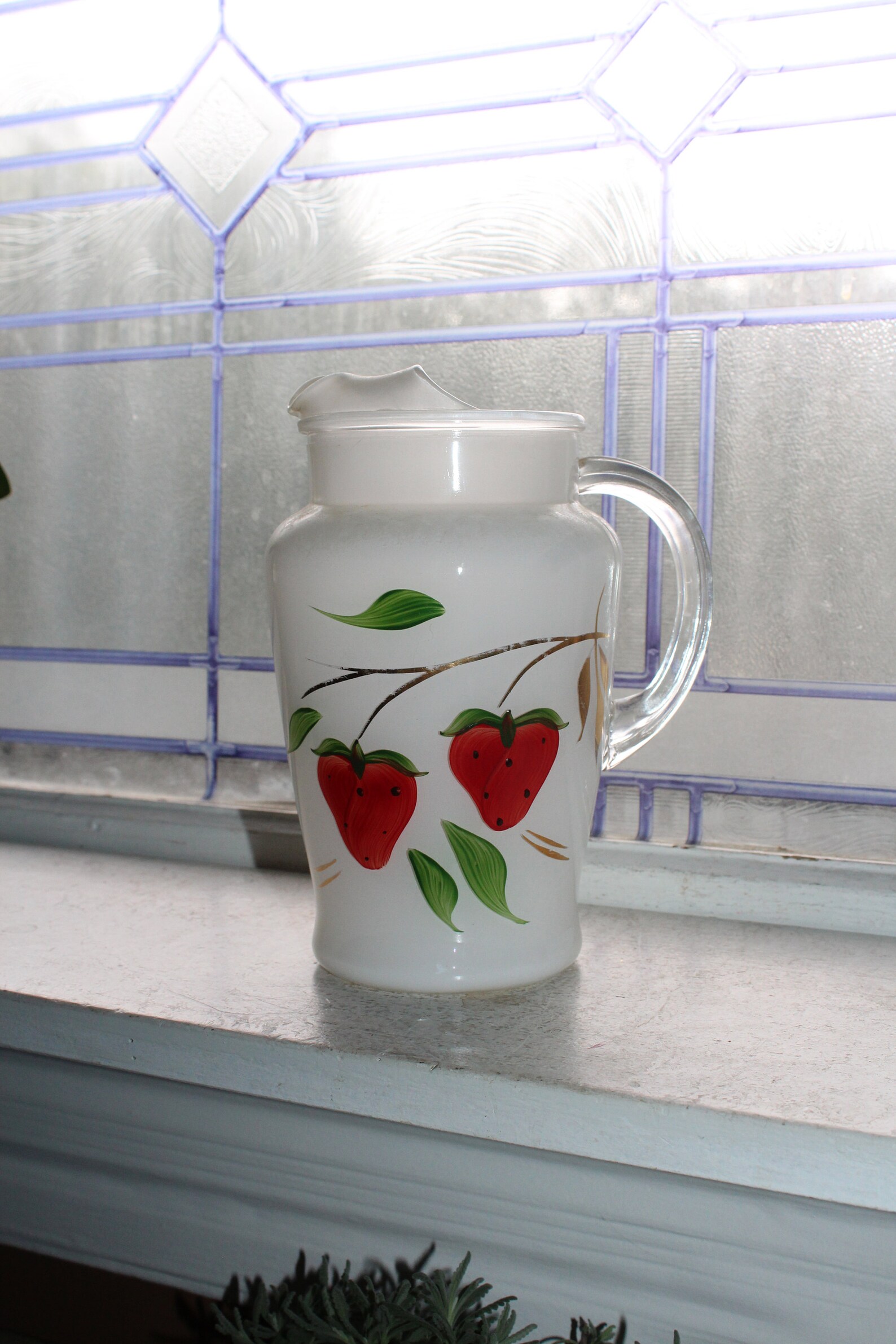 Vintage Glass Juice Pitcher White With Strawberry Decoration - Etsy