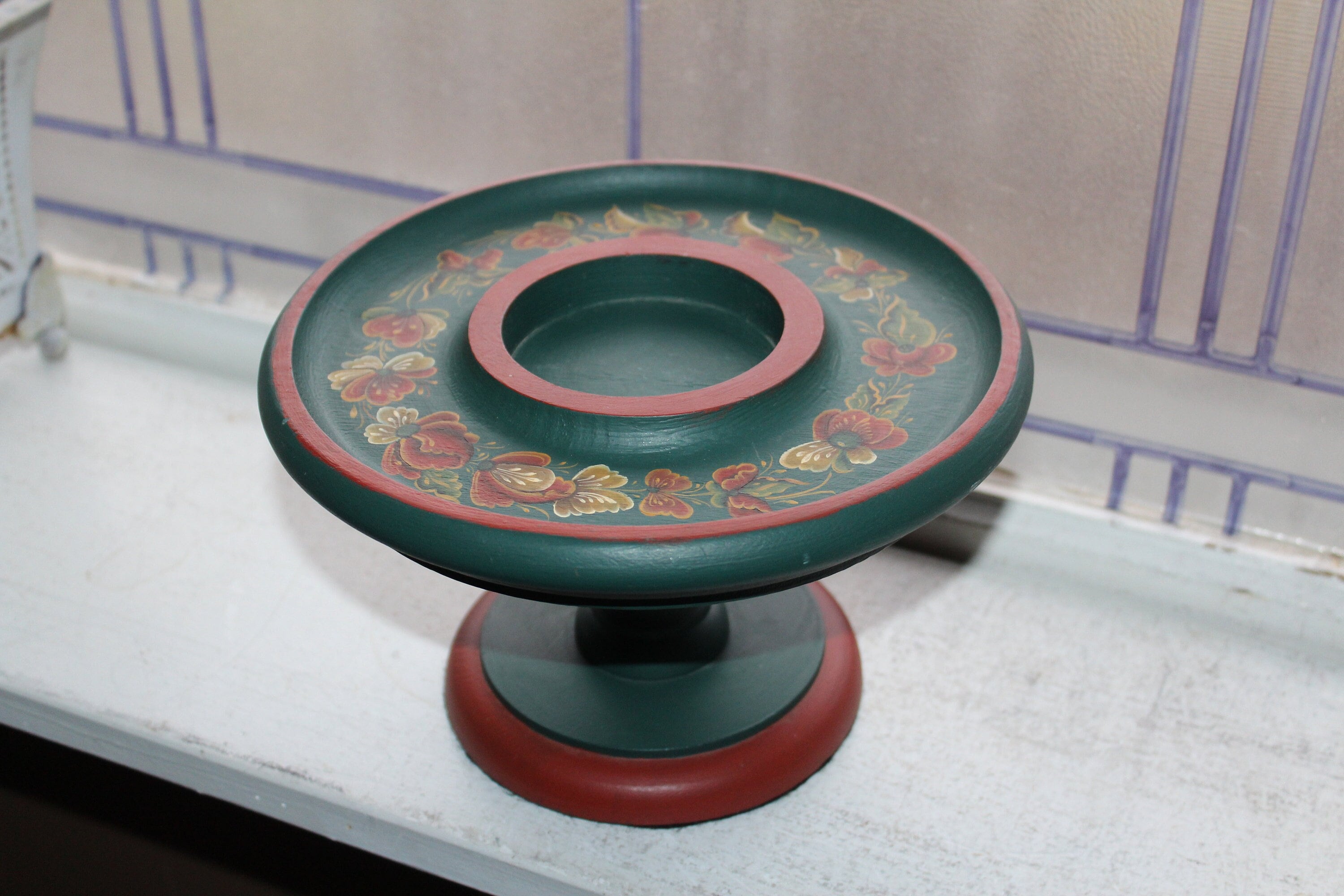 Vintage Norwegian Rosemaled Candle Holder Stand Scandinavian Folk Art