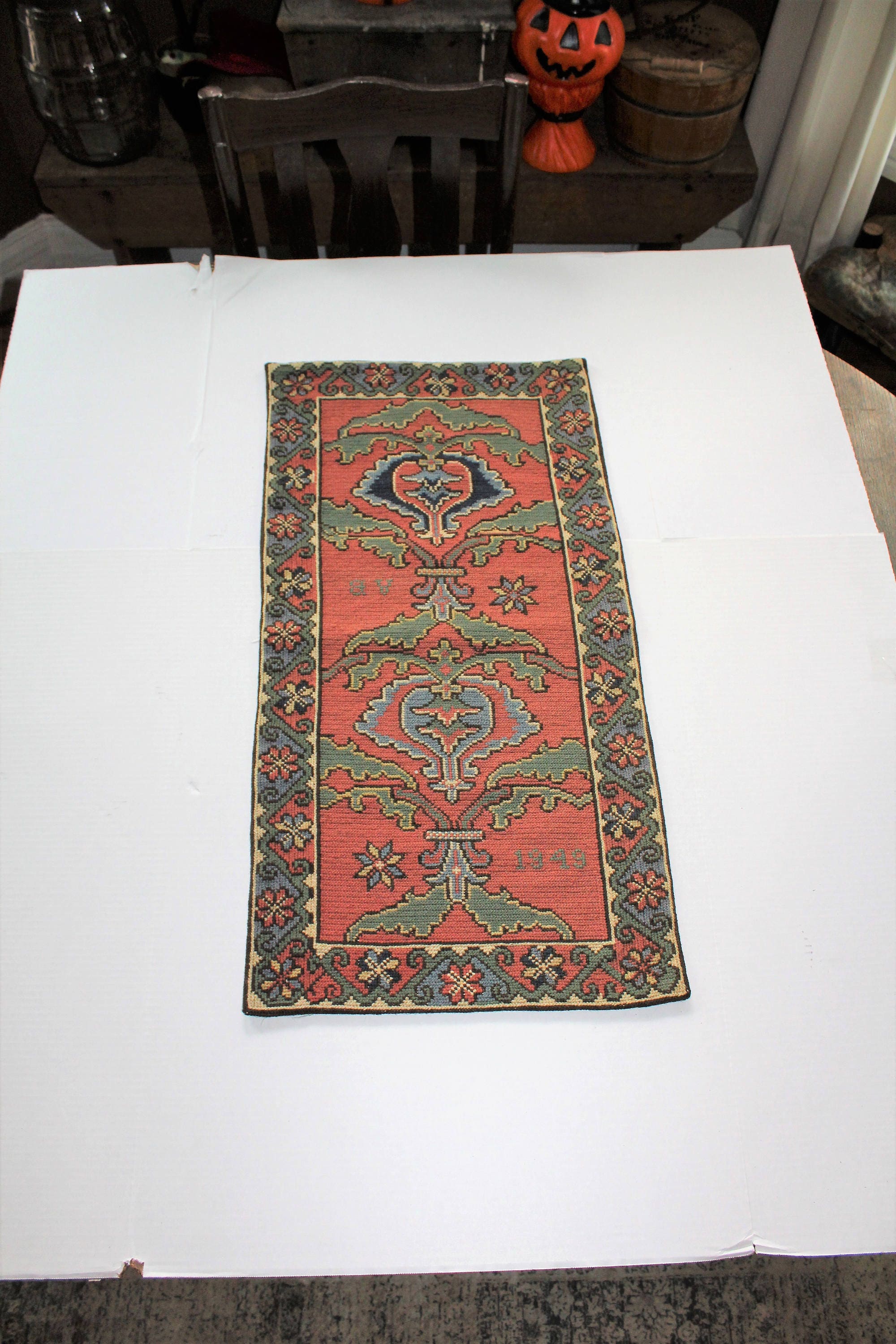 Vintage Norwegian Wool Table Runner Tapestry Scandinavian Folk Art