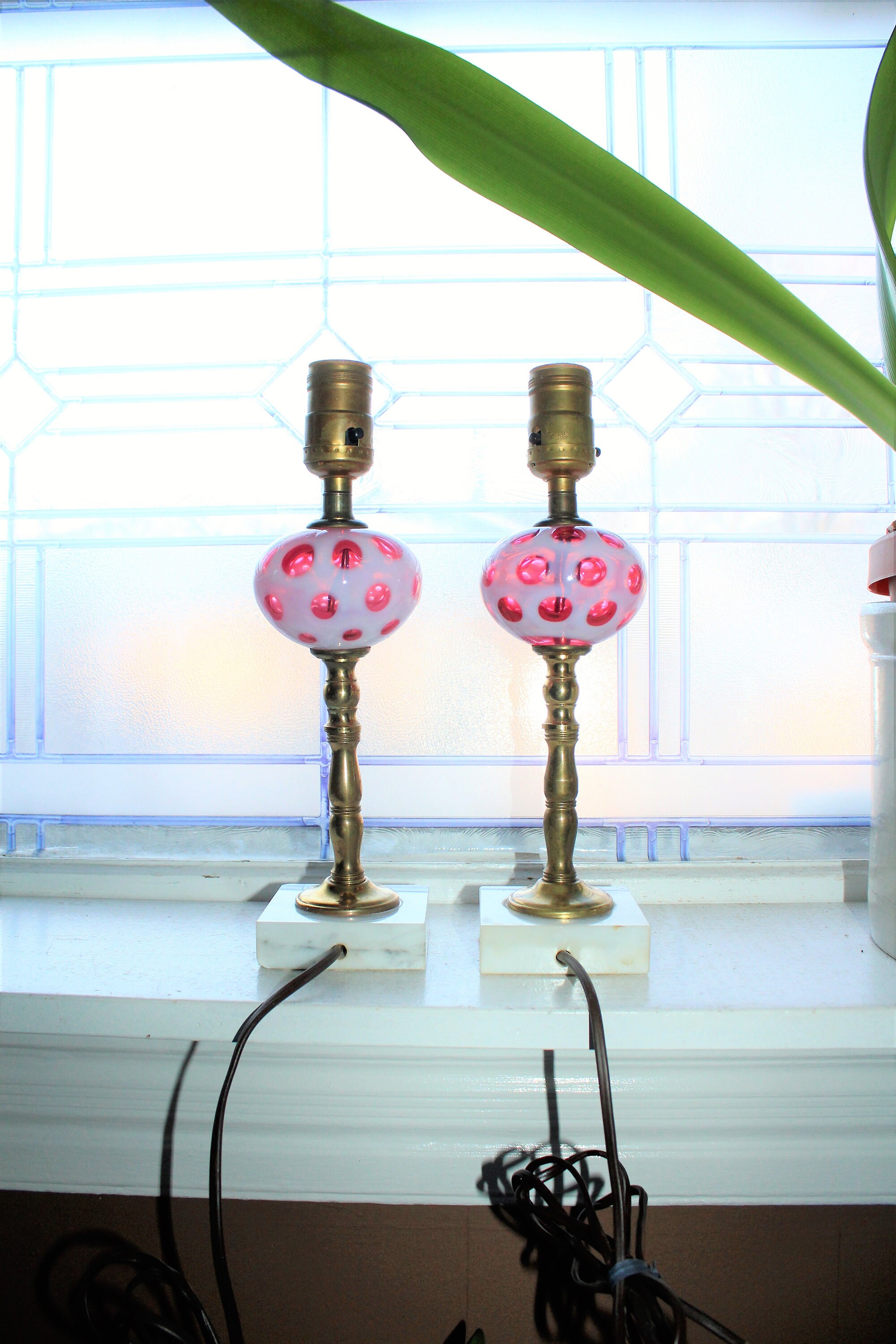 RESERVED Vintage Pair Cranberry Coin Spot Glass Bedroom Lamps with ...