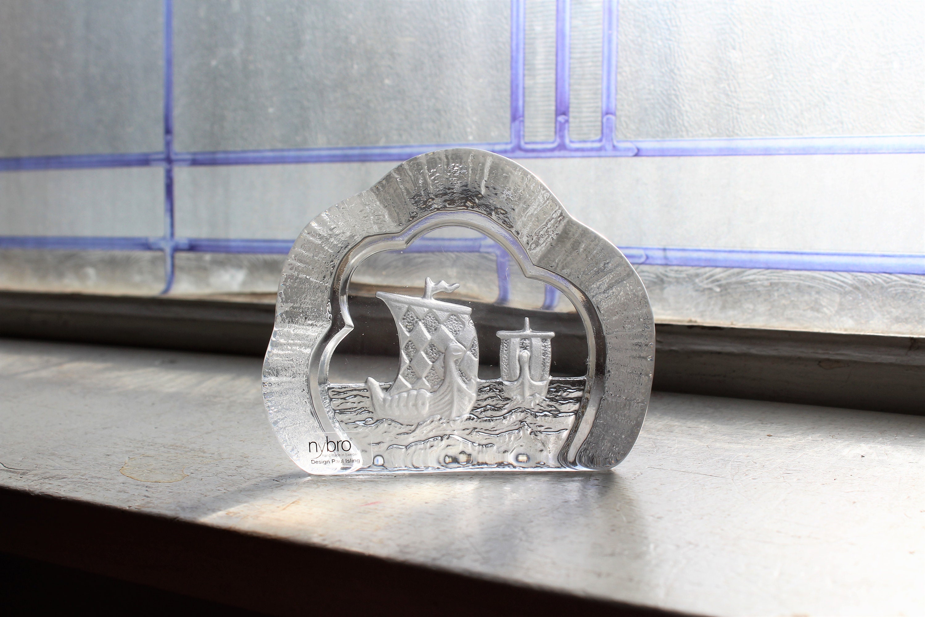 Vintage Nybro Swedish Crystal Viking Ship Paperweight by Paul Isling