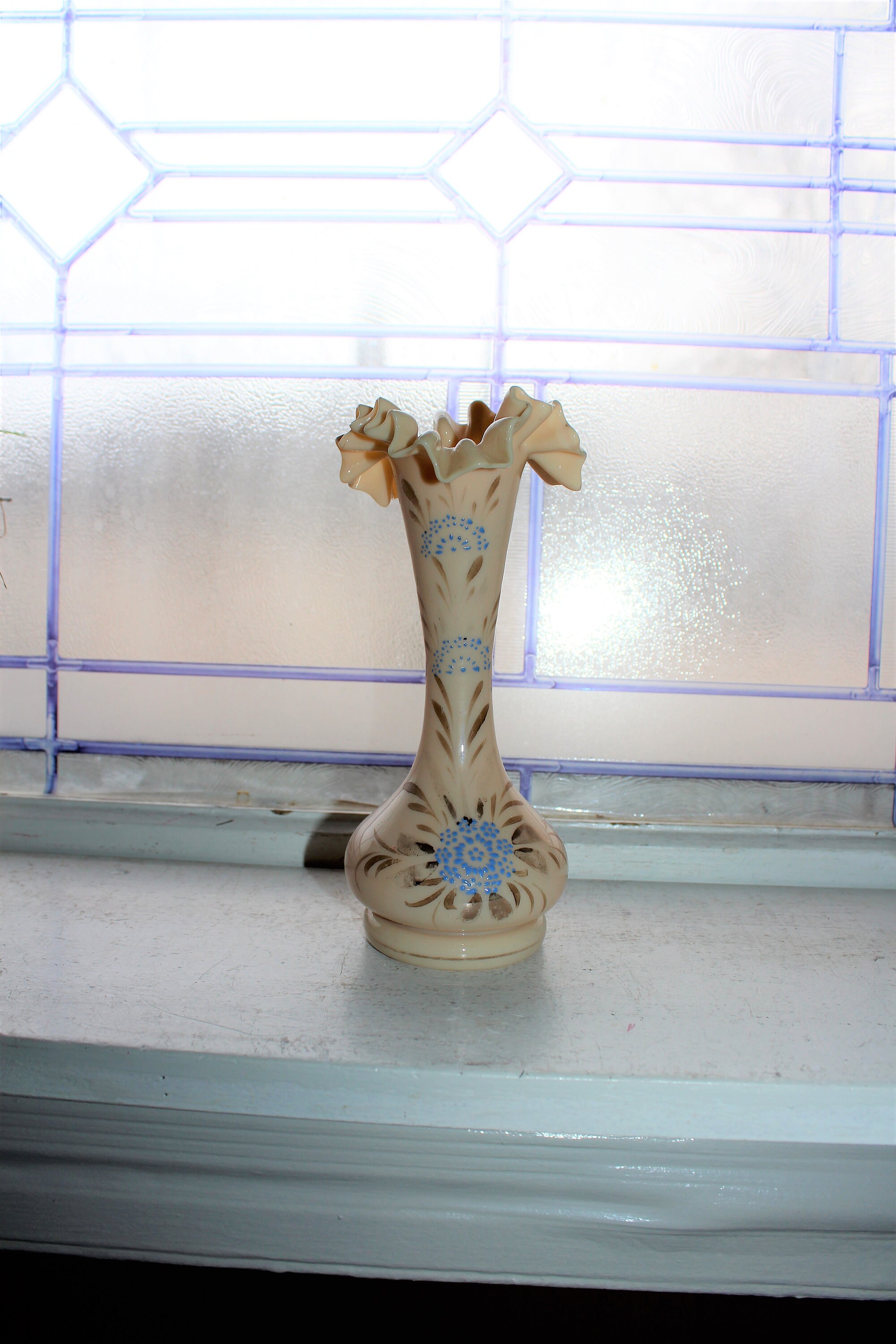 Antique Victorian Bristol Glass Vase Hand Painted Flowers