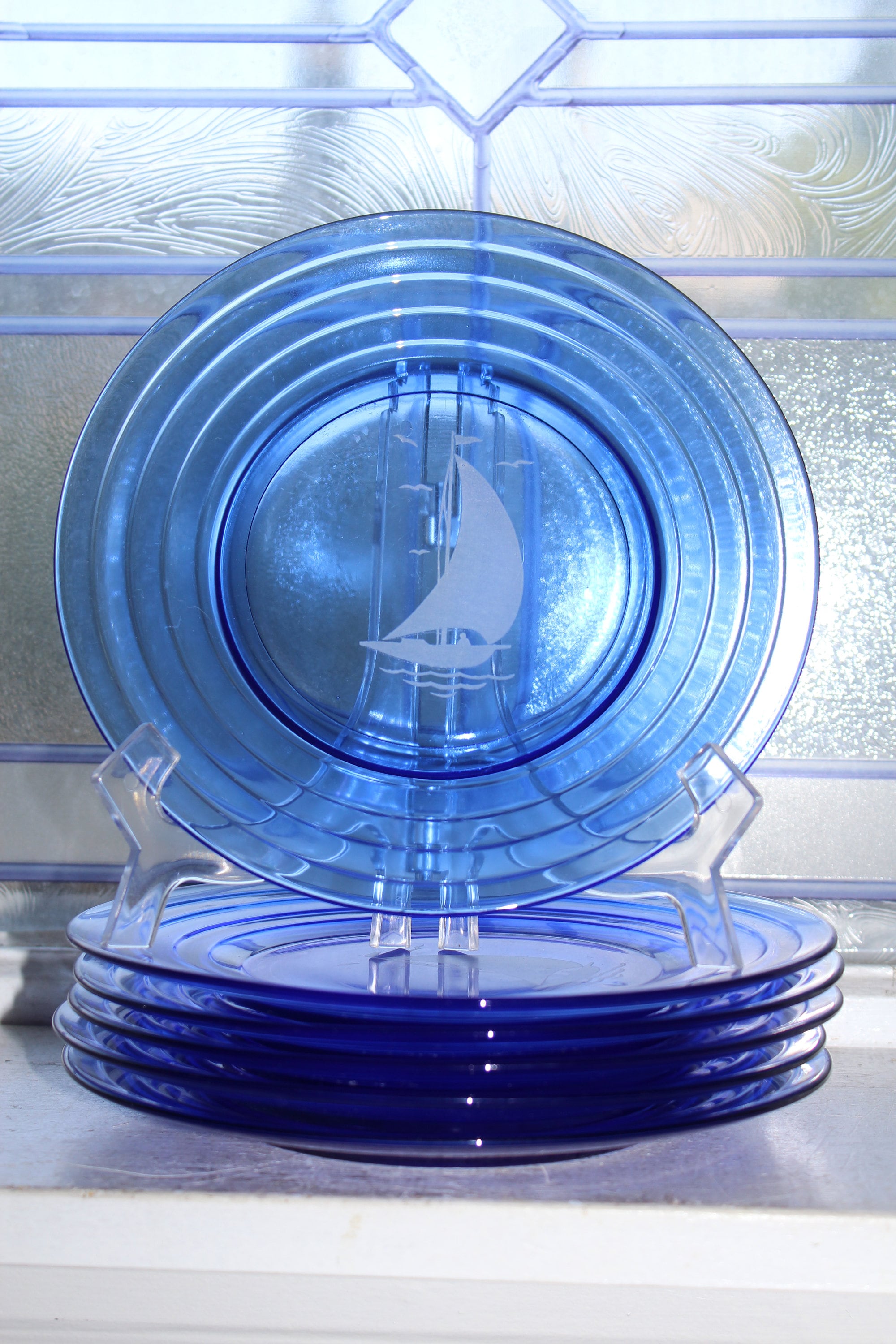 6 Vintage Cobalt Blue Glass Sailboat Plates 8 1930s Hazel Atlas