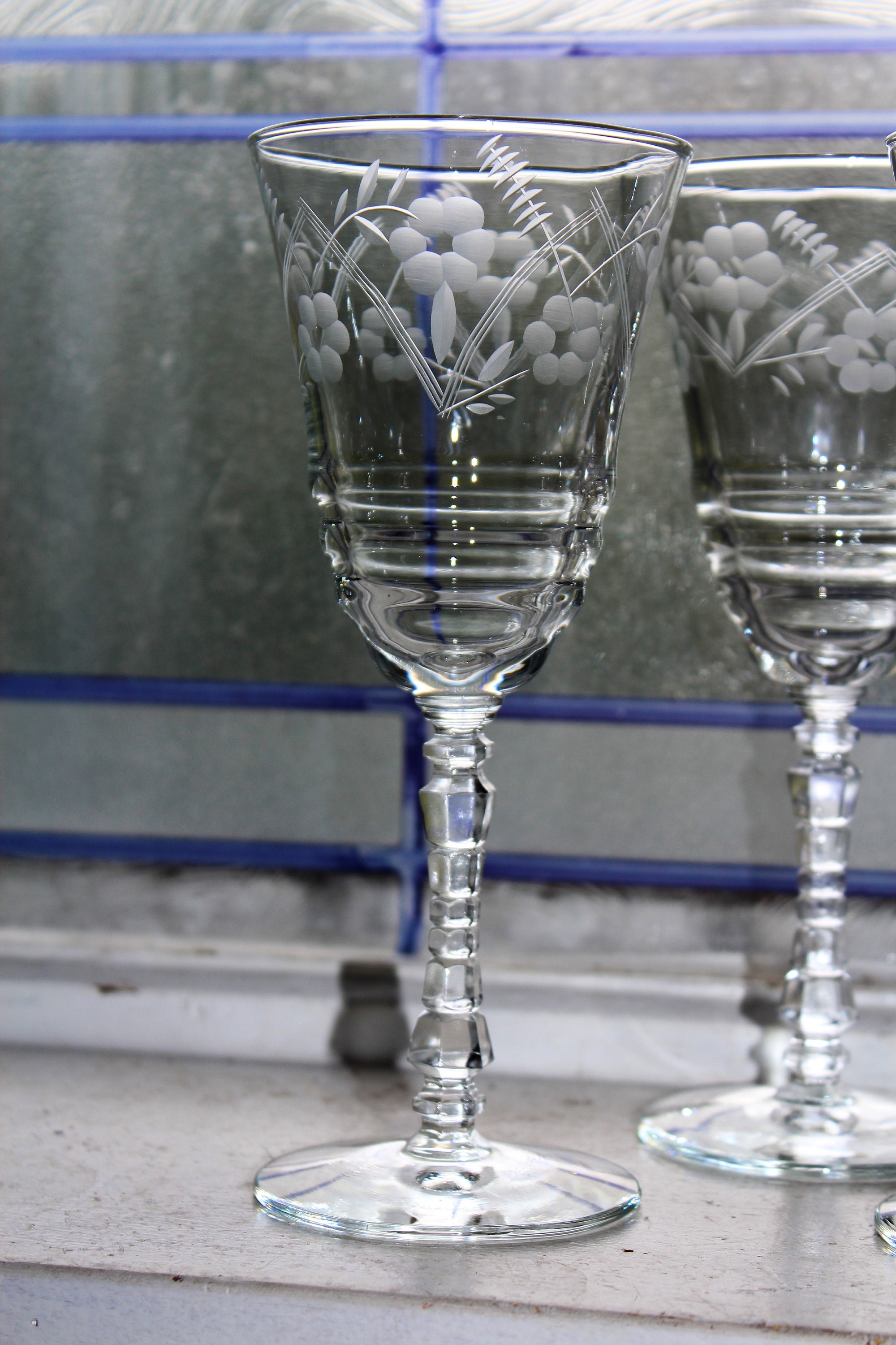 6 Art Deco Etched Glass Wine Glasses Vintage Barware 1930s