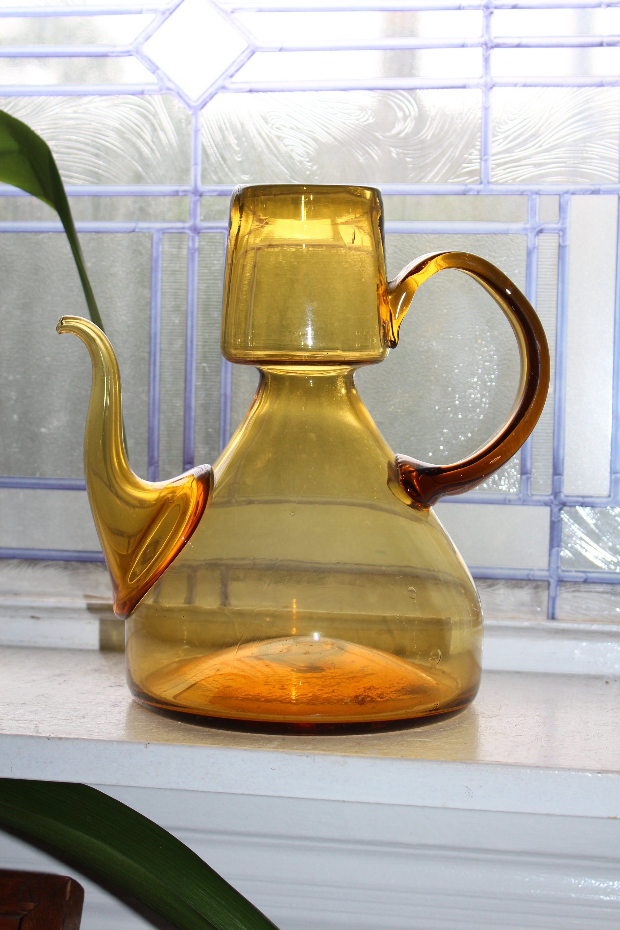 Rare Vintage Blenko Style Amber Glass Hand Blown Pitcher
