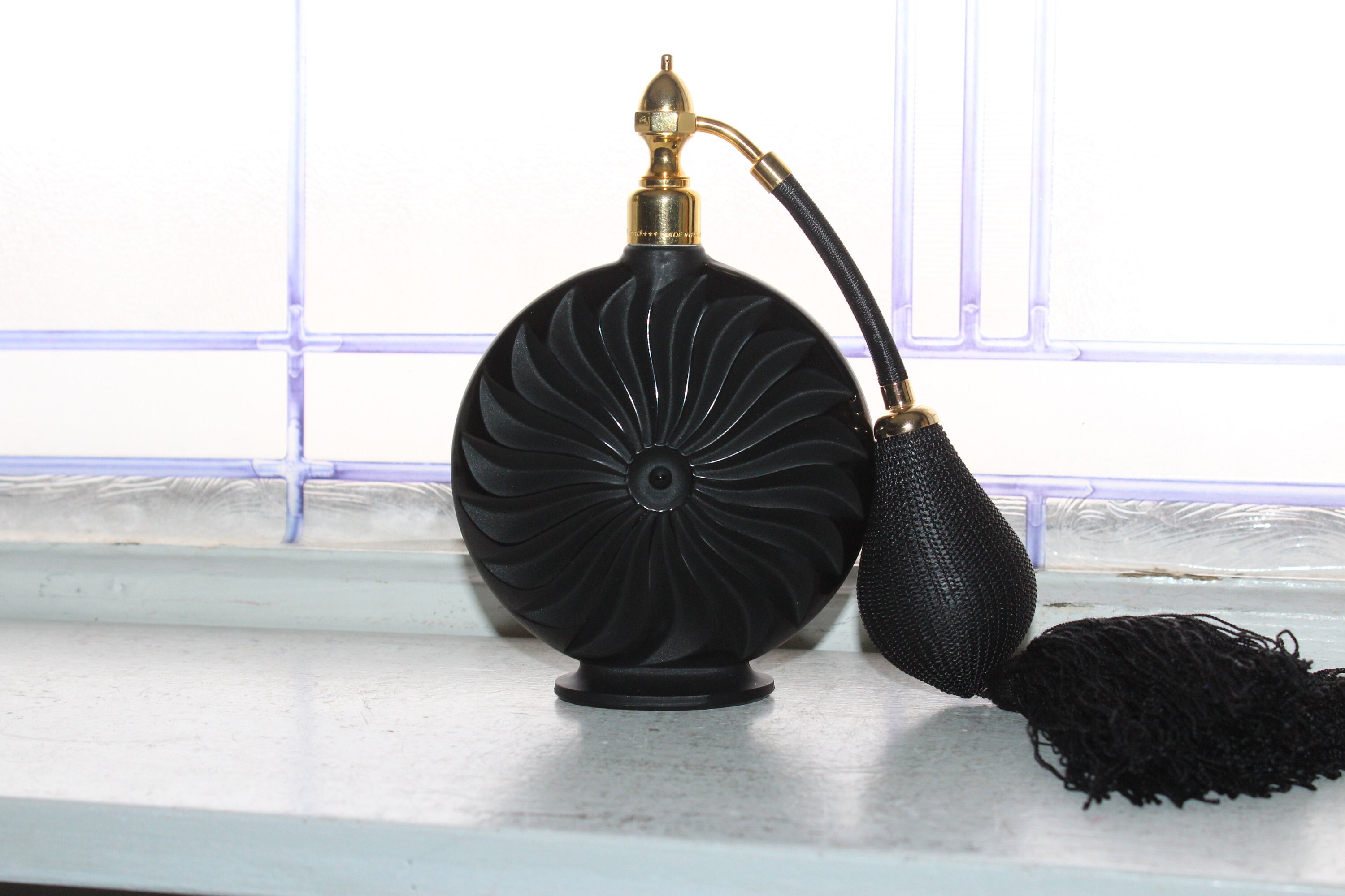 Vintage Art Deco Marcel Franck Black Glass Perfume Bottle Atomizer
