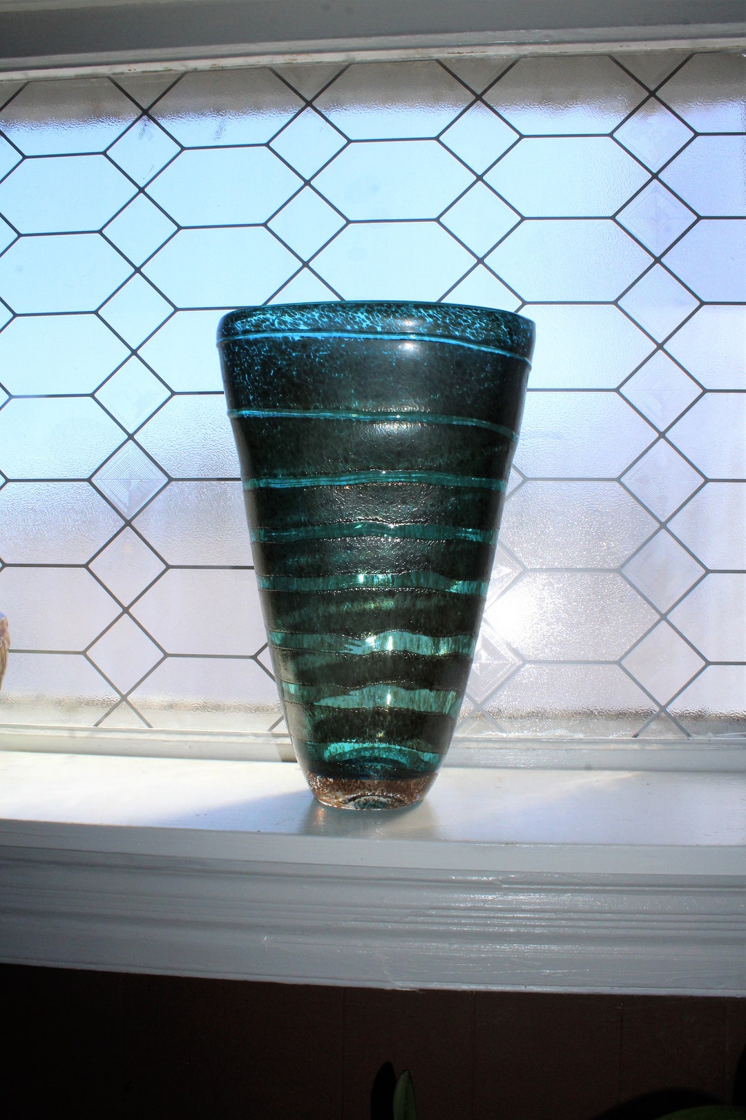 Large Vintage Studio Art Glass Fan Vase Blue With Stripes - Etsy