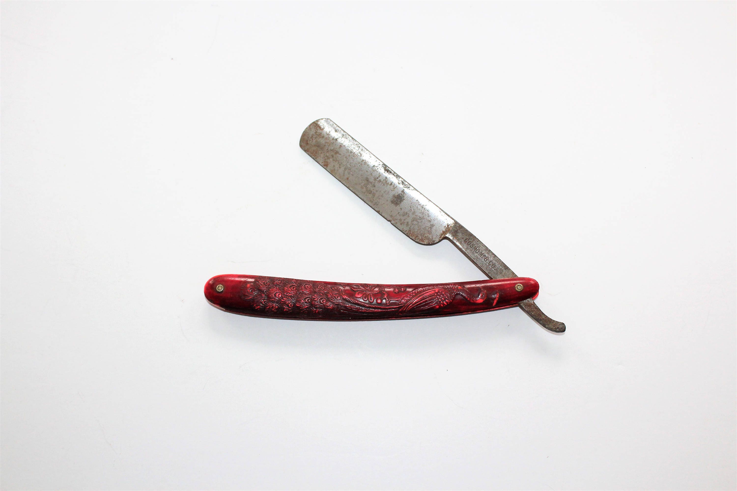 Antique Cosmo Mfg Straight Razor Red Handle with Peacock